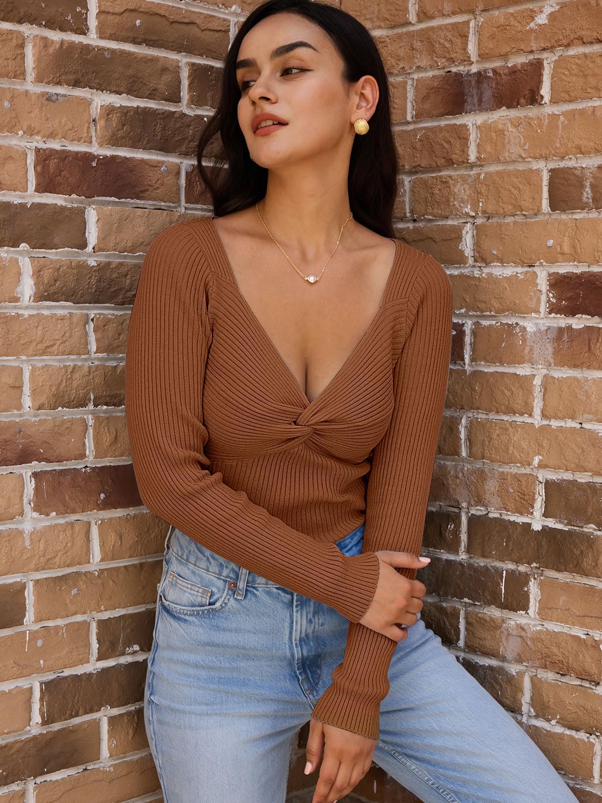 LILLUSORY Women's 2025 Twist Knot Fall Clothes Fashion Outfits Top Ribbed Long Sleeve 2025 Caramel Large