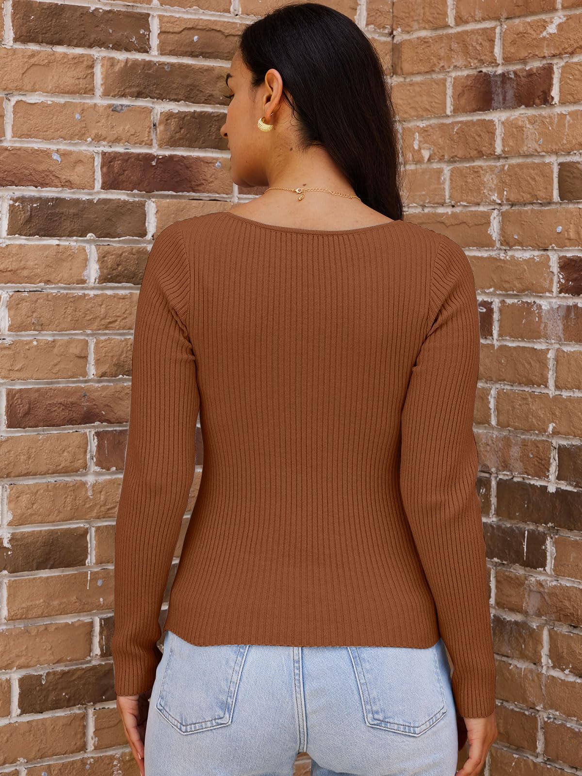 LILLUSORY Women's 2025 Twist Knot Fall Clothes Fashion Outfits Top Ribbed Long Sleeve 2025 Caramel Large