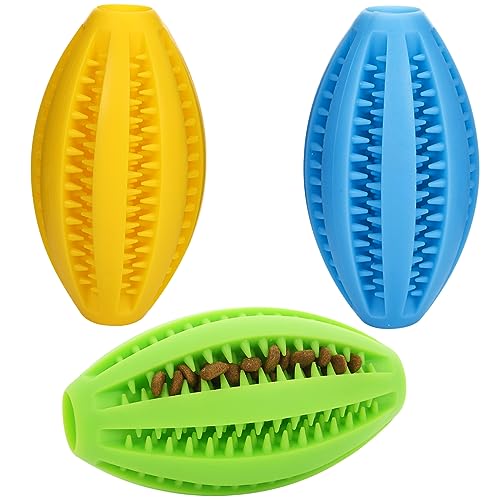 LKSTK 3 Pack Dog Toy Balls, 4.33” Interactive Rugby Dog Toys, Durable Dog Puzzle Rubber Ball Teeth Cleaning Dispensing Toy Nontoxic Bite Resistant Toy Ball for Small Medium Large Dogs