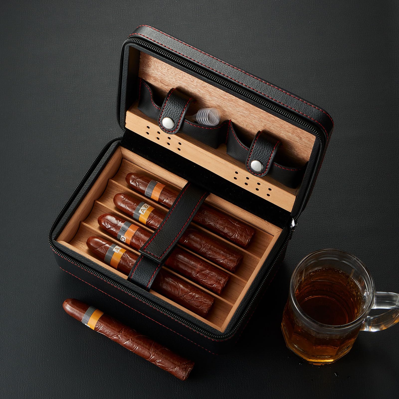 SEEJI Travel Cigar Humidor Box Case - Double Layer Design with Cedar Wood, Large Capacity for 8-10 Cigarsfor Father's Day and Christmas (Black)