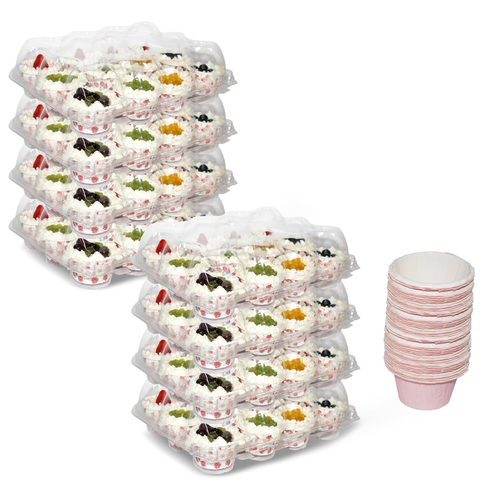 (12 Pack x 8 Sets) Disposable Stackable Plastic Cupcake Containers, Cupcake Holder for 12 Cupcakes,High Tall Dome Lid Cupcake Carriers, Mini Cupcake Container Suitable for cupcakes, desserts, muffins