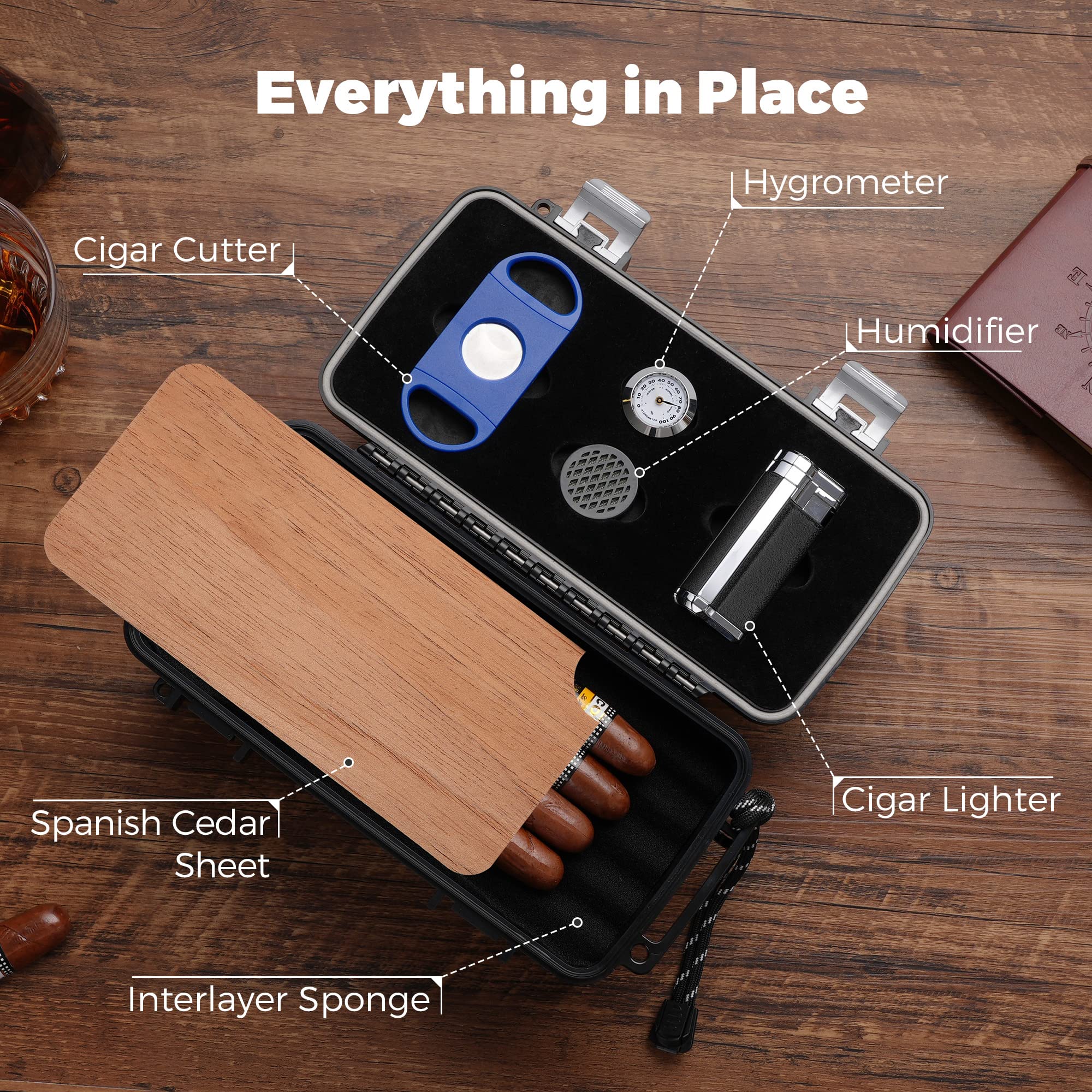 CINOROW Travel Cigar Humidor Case for 10-15 Cigars with Lighter and Cutter, Hygrometer and Humidifier, Spanish Cedar Sheet, Portable Waterproof Cigar Carrying Case, Gift for Men