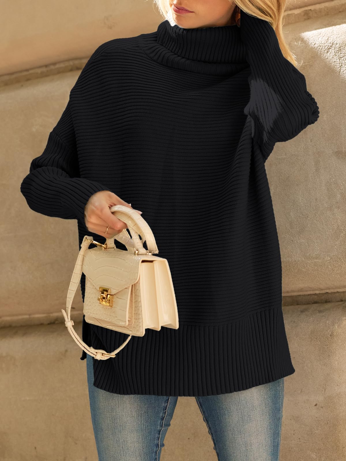 LILLUSORY Womens Turtleneck Oversized Tunic Fall Sweaters 2025 Casual Long Pullover Knit Winter Cute Poncho Fashion Trendy Clothes Outfits Clothing Tops Leggings Black