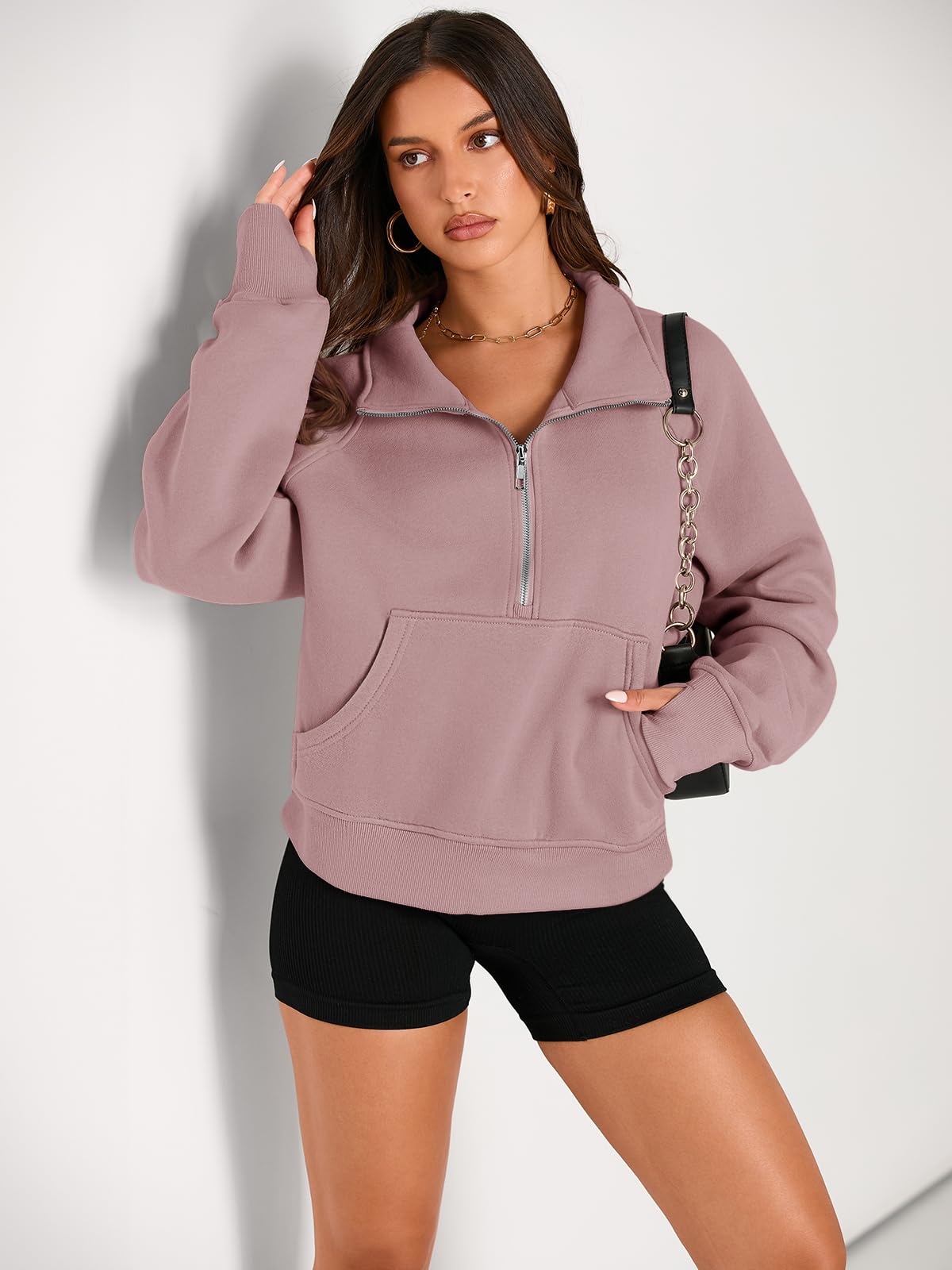 AUTOMET Womens Sweatshirts Half Zip Cropped Pullover Fleece Quarter Zipper Hoodies 2024 Fall Fashion Outfits Clothes DarkPink Medium