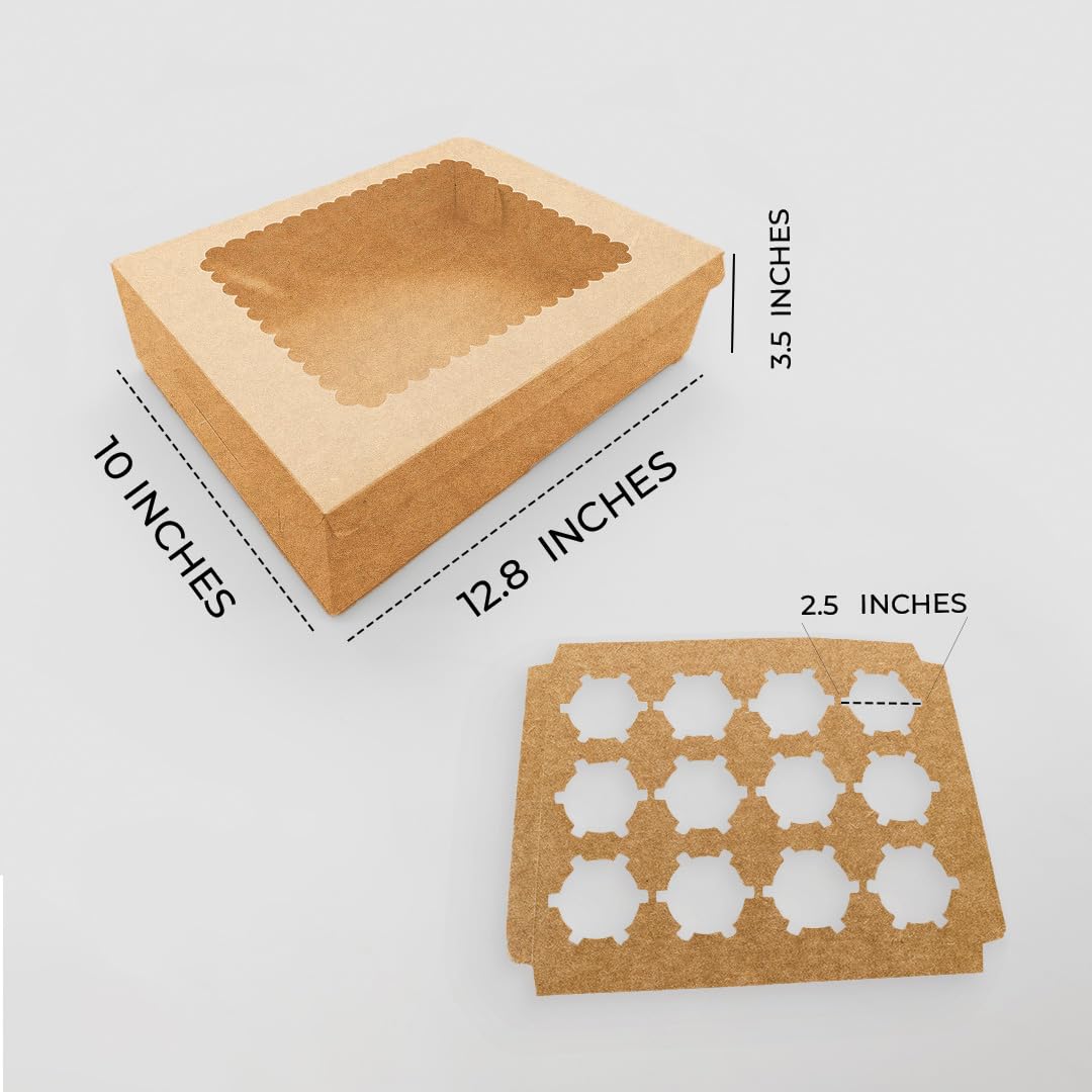 Tectonic Key 5 pack Kraft Brown Disposible Cupcake Box Carrier Containers with 5 inserts 12.9 x 9.34 x 4in with PVC clear Window Recycleble Holds Cupcakes, Muffins, and many Bakery pasteries