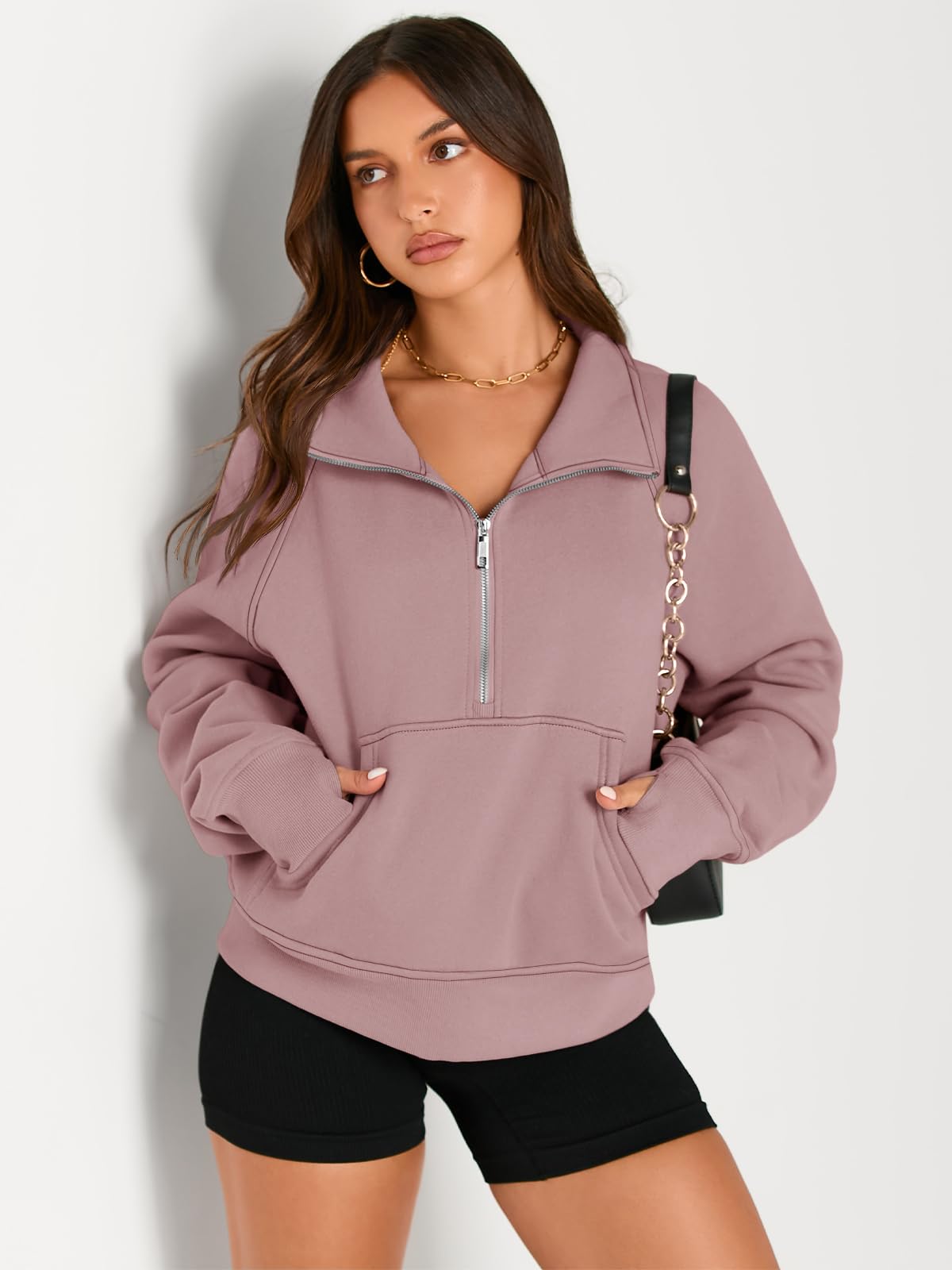 AUTOMET Womens Sweatshirts Half Zip Cropped Pullover Fleece Quarter Zipper Hoodies 2024 Fall Fashion Outfits Clothes DarkPink Medium