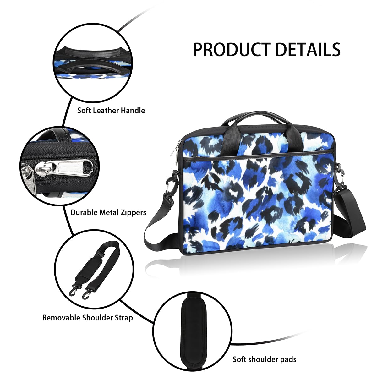 Blue Leopard Print Lightweight Laptop Bag Case 13-15 Inch Computer Briefcase Bag for Women Men Notebook Shoulder Bag