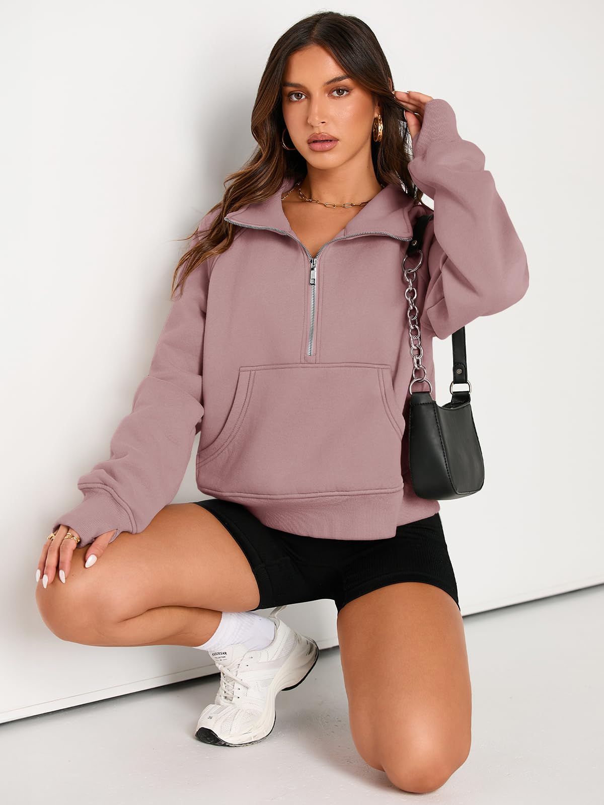 AUTOMET Womens Sweatshirts Half Zip Cropped Pullover Fleece Quarter Zipper Hoodies 2024 Fall Fashion Outfits Clothes DarkPink Medium