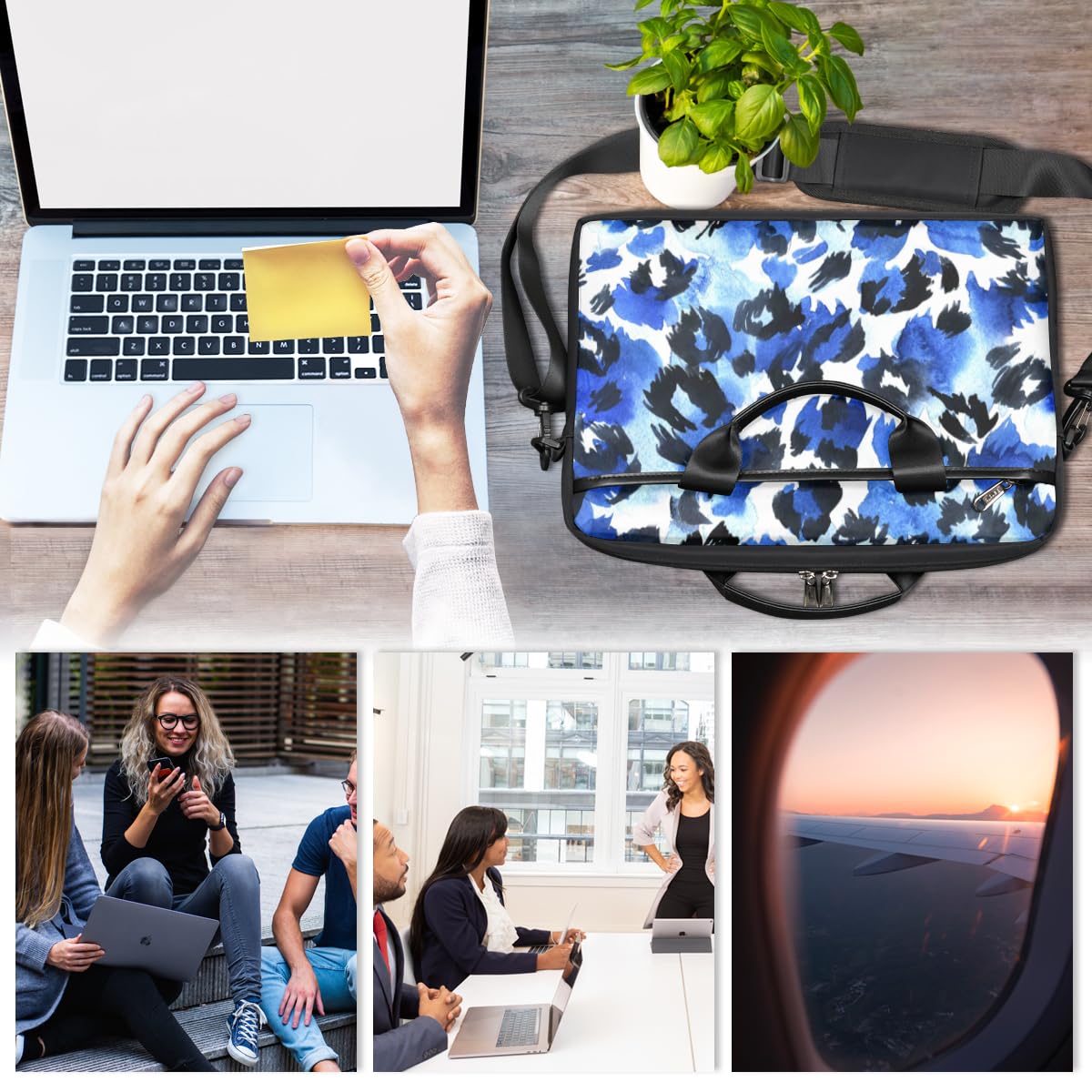 Blue Leopard Print Lightweight Laptop Bag Case 13-15 Inch Computer Briefcase Bag for Women Men Notebook Shoulder Bag