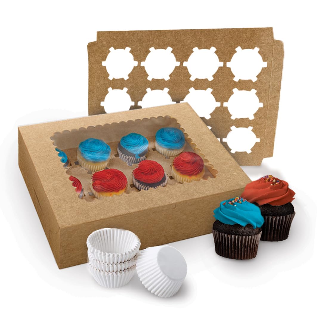 Tectonic Key 5 pack Kraft Brown Disposible Cupcake Box Carrier Containers with 5 inserts 12.9 x 9.34 x 4in with PVC clear Window Recycleble Holds Cupcakes, Muffins, and many Bakery pasteries
