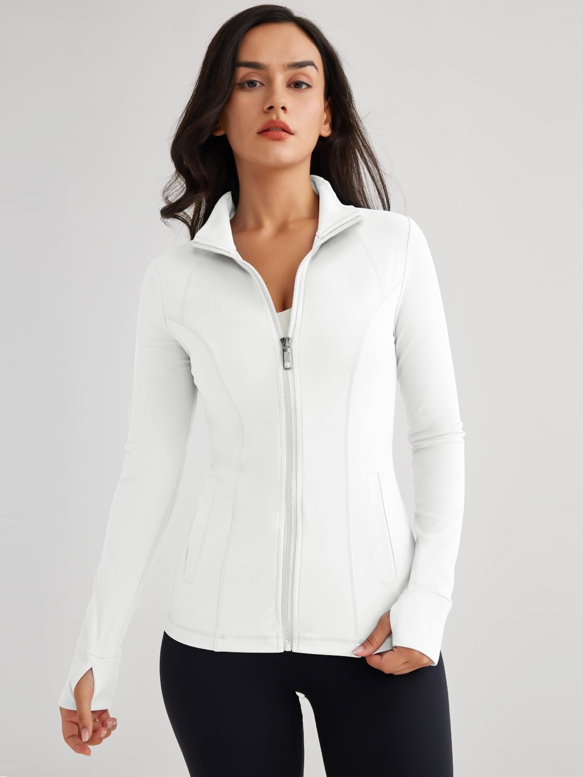 Trendy Queen Womens Lightweight Zip Up Jackets Mock Turtleneck Fall Hoodies Fitted 2024 Athletic Workout Clothes with Pockets White L