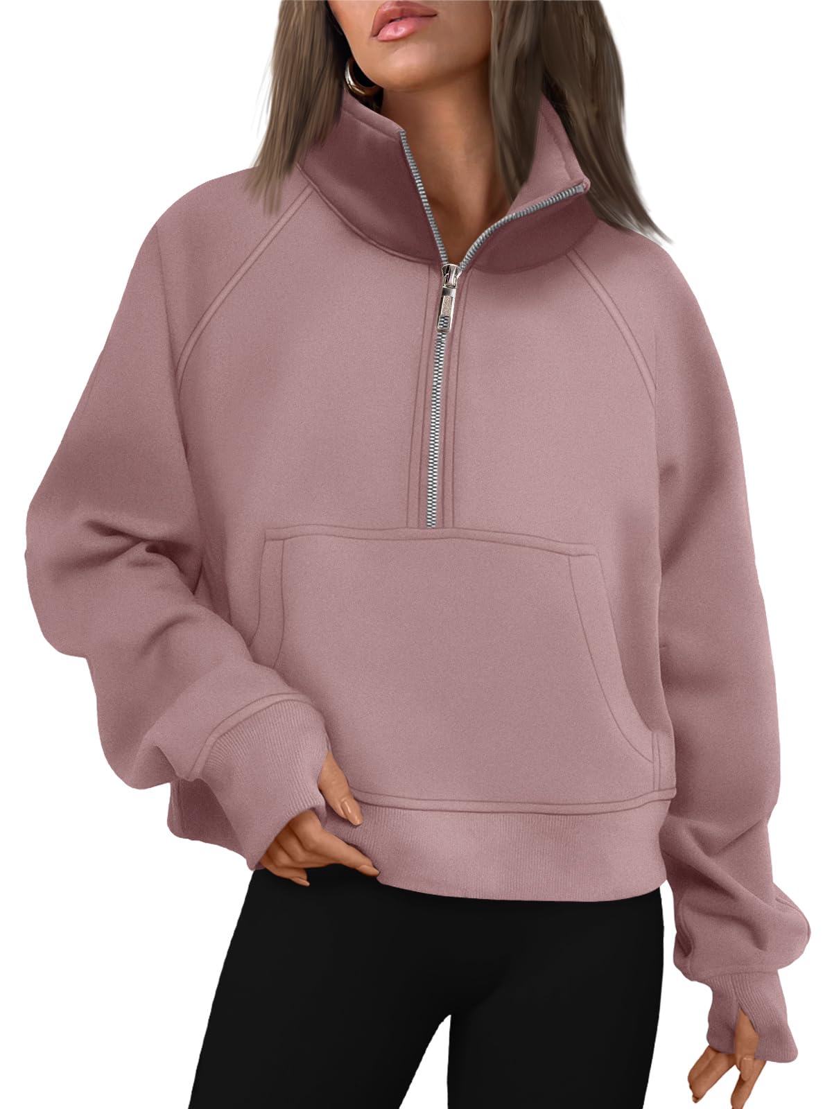 AUTOMET Womens Sweatshirts Half Zip Cropped Pullover Fleece Quarter Zipper Hoodies 2024 Fall Fashion Outfits Clothes DarkPink Medium