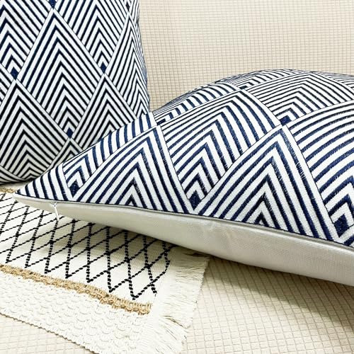 Slow Cow Pack of 2 Embroidery Throw Pillow Covers, Geometric Diamonds Navy Decorative Throw Pillow Cases for Sofa 18 x18 Inches