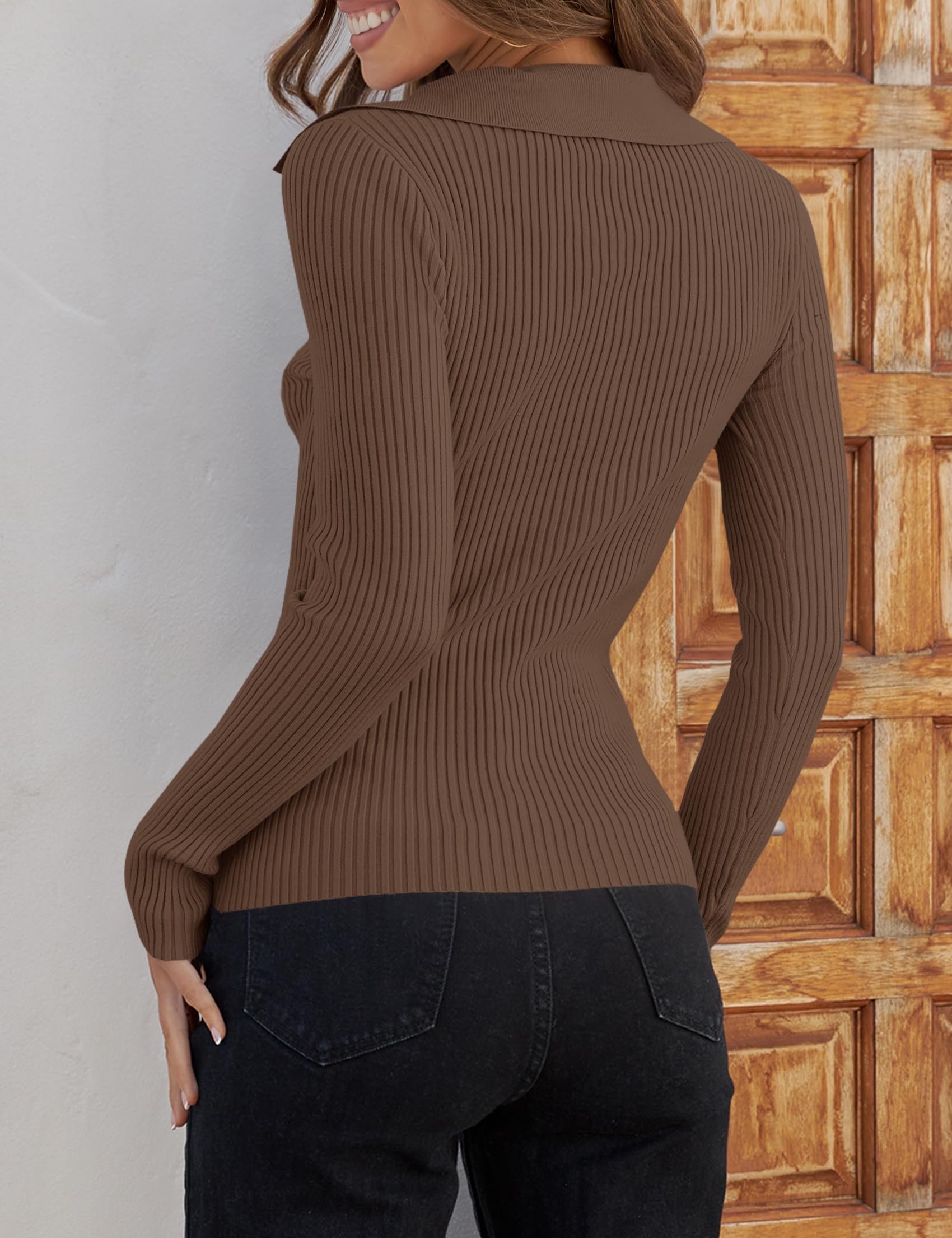 ZESICA Sweaters for Women Spring Long Sleeve V Neck Ribbed Knit Pullover Tops Casual Slim Fit Basic Tee Shirts,Mocha,Small