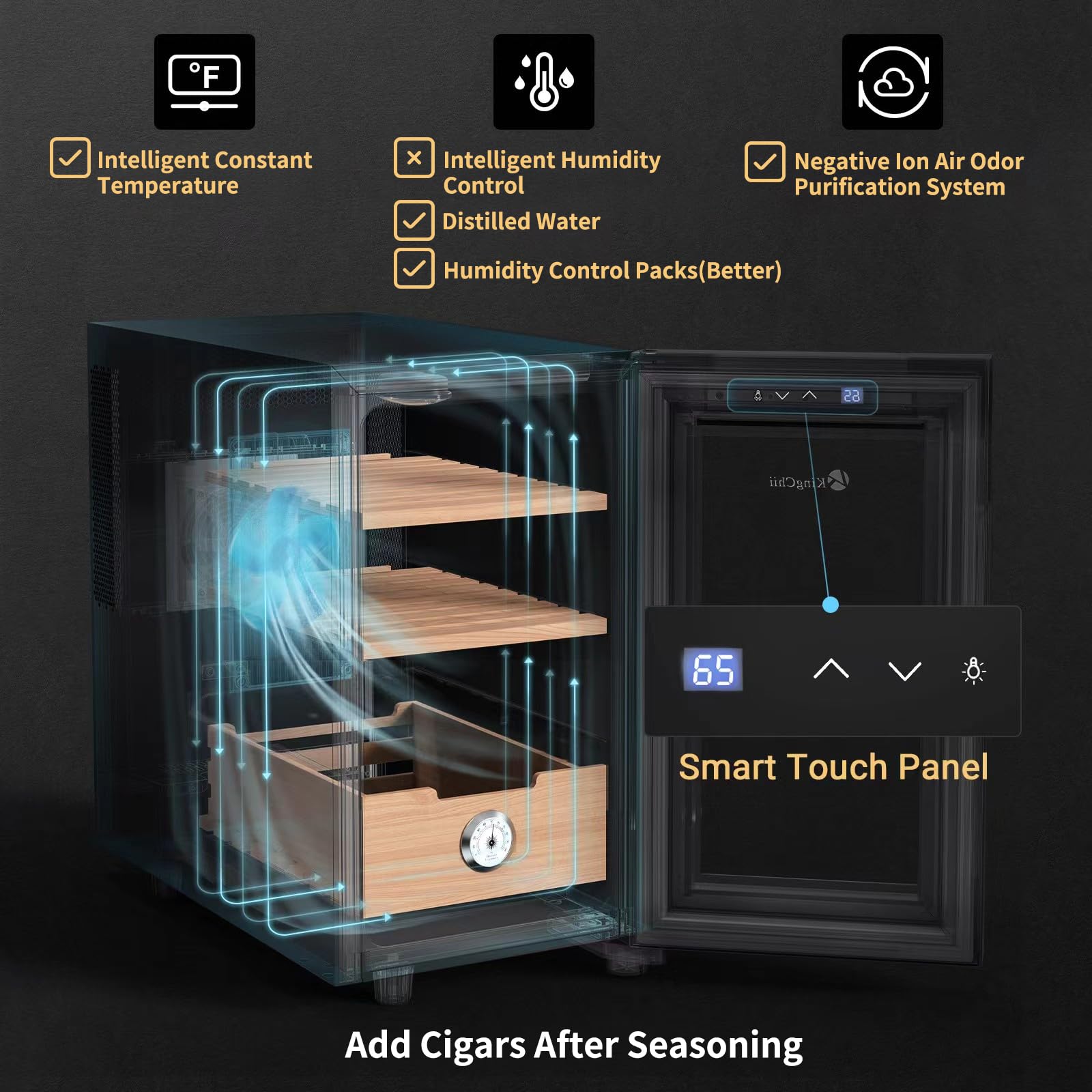 KingChii 23L Electric Cigar Humidors, Temperature Control Cabinet with Spanish Cedar Wood Shelves & Drawer Hygrometer Gifts for Men (150 Counts Capacity)