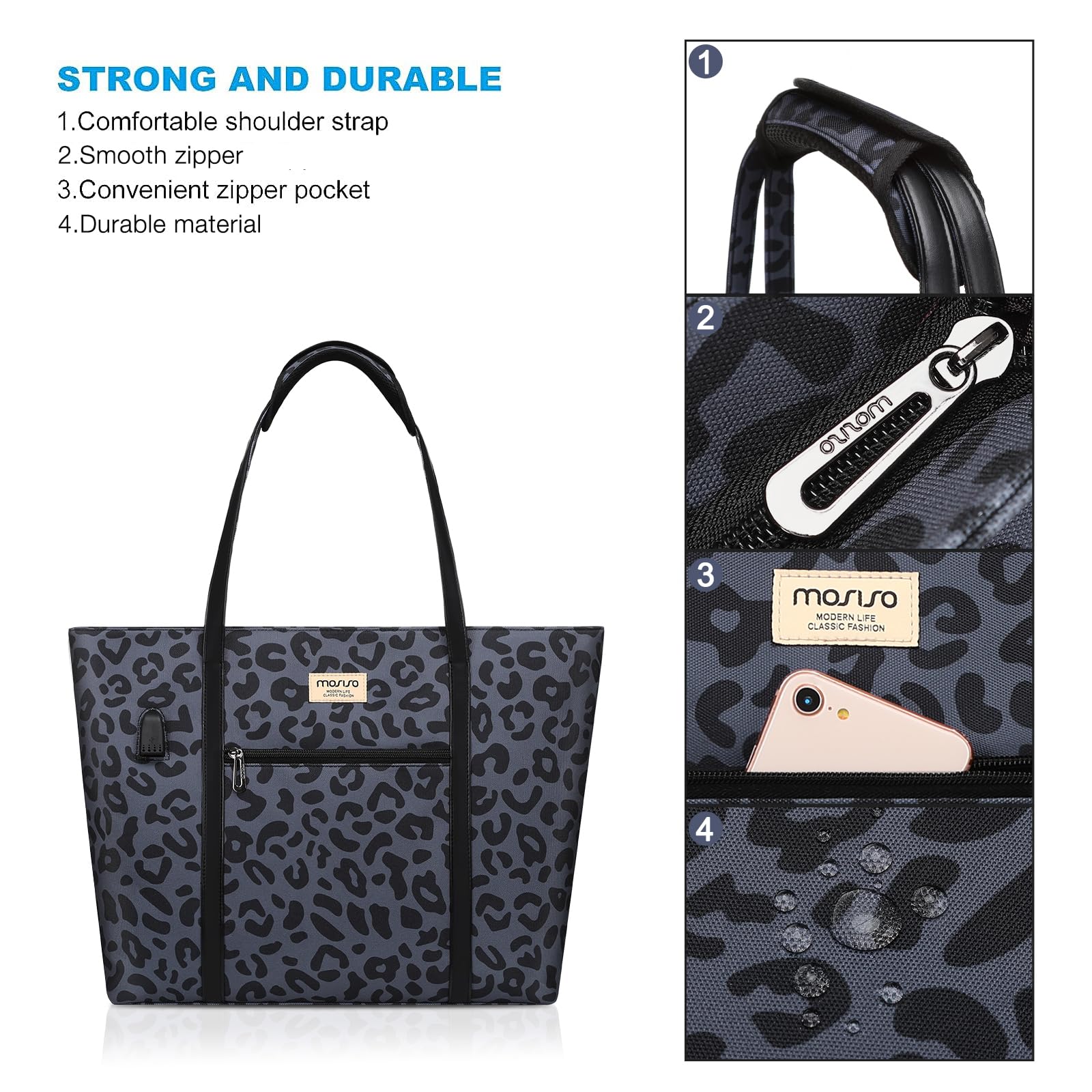 MOSISO USB Charging Port Laptop Tote for Women, Compatible with MacBook, 17-17.3 inch Notebook and Chromebook, Leopard Grain Work Handbag Business Computer Bag with Small Purse, Black