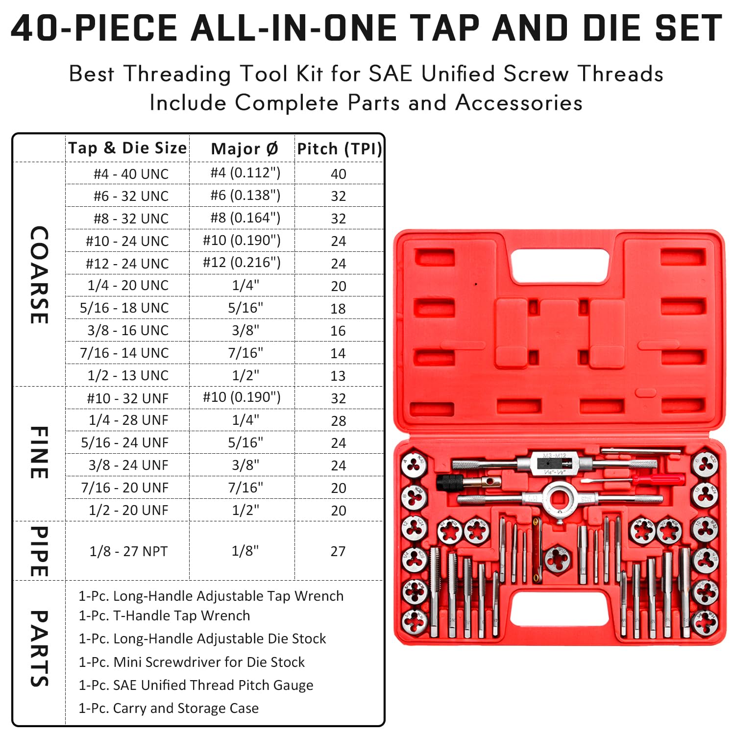 EFFICERE 40-Piece Premium Tap and Die Set, SAE Unified Screw Thread, Size #4 to 1/2” | Include UNC Coarse, UNF Fine and NPT Threads | Essential Threading Tool Kit with Complete Handles and Accessories