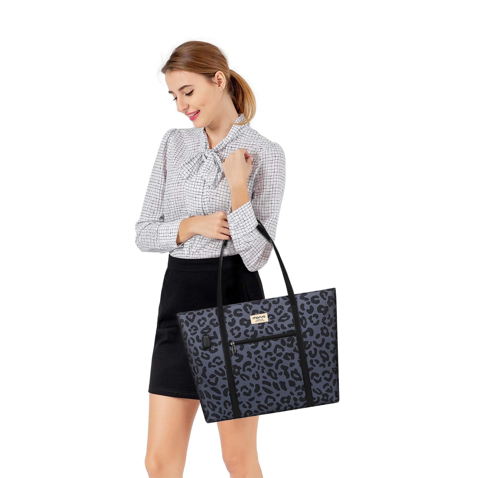 MOSISO USB Charging Port Laptop Tote for Women, Compatible with MacBook, 17-17.3 inch Notebook and Chromebook, Leopard Grain Work Handbag Business Computer Bag with Small Purse, Black