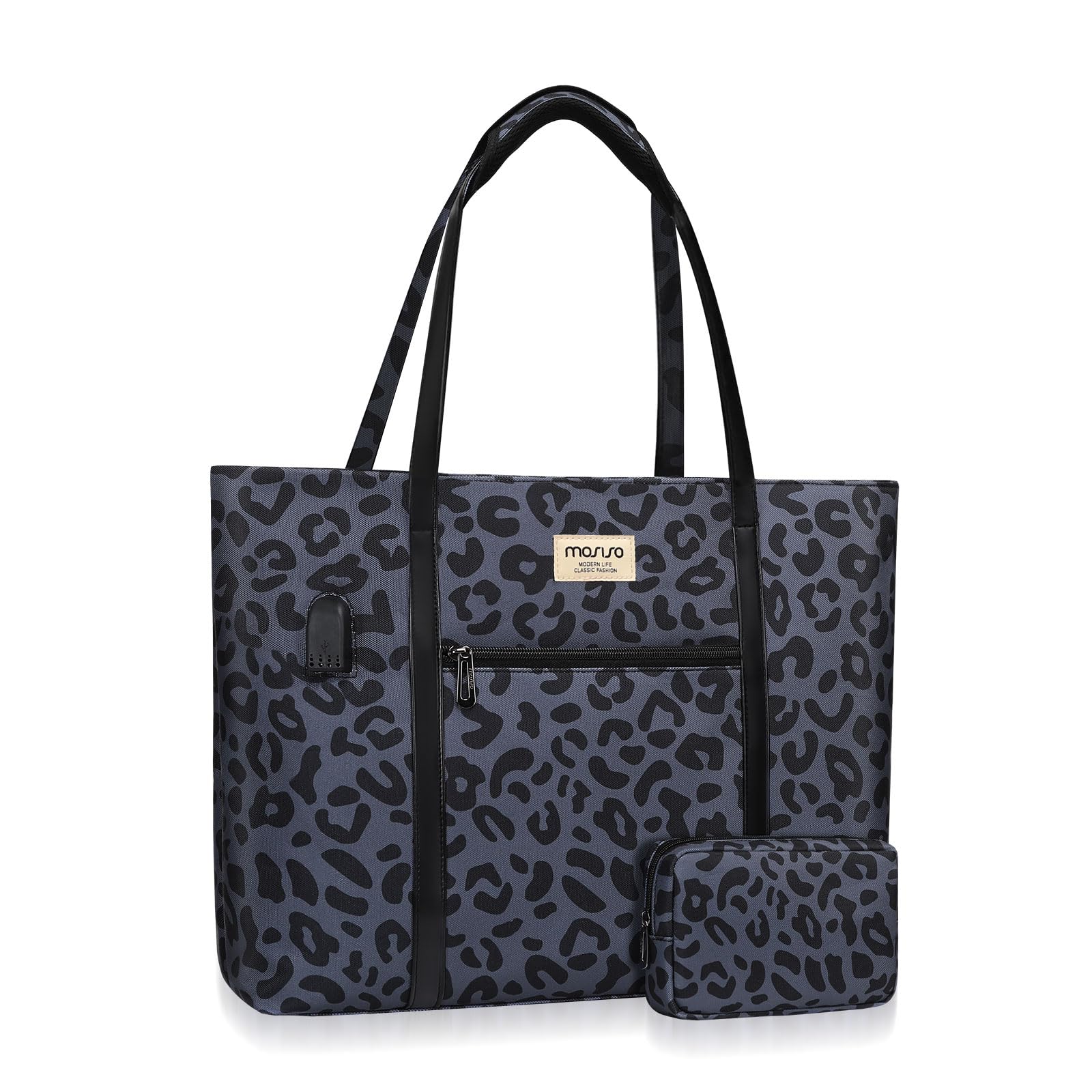 MOSISO USB Charging Port Laptop Tote for Women, Compatible with MacBook, 17-17.3 inch Notebook and Chromebook, Leopard Grain Work Handbag Business Computer Bag with Small Purse, Black