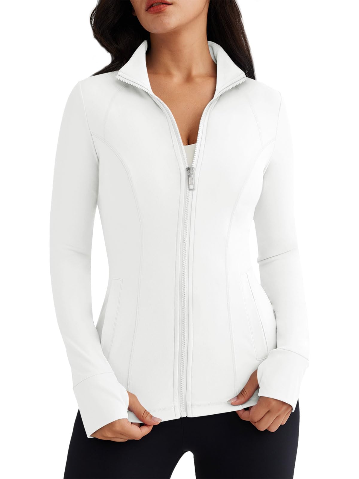 Trendy Queen Womens Lightweight Zip Up Jackets Mock Turtleneck Fall Hoodies Fitted 2024 Athletic Workout Clothes with Pockets White L