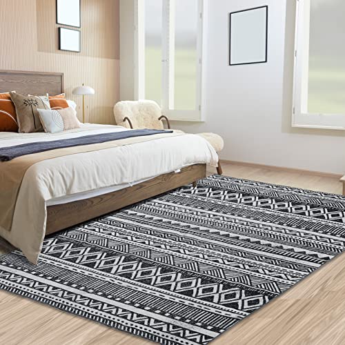 RUGSREAL Boho Area Rug 5' x 7' Machine Washable Modern Diamond Carpet Rug Distressed Bohemian Foldable Accent Rug Coffee Table Rug Farmhouse Dining Table Rug Office Bedroom Decor, Black