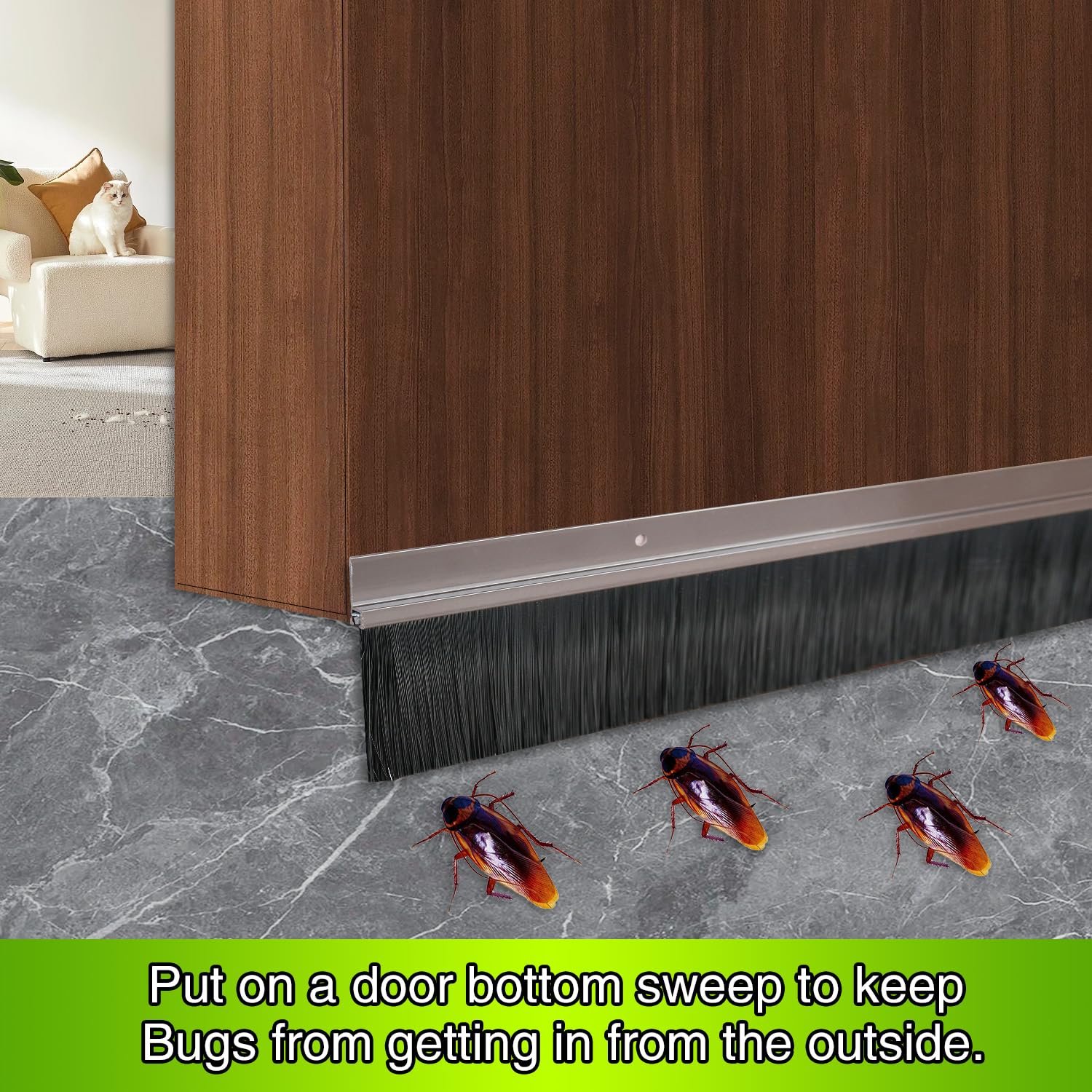 Qimoo 2 Pack Door Bottom Sweep, h-Shape Aluminum Alloy Holder Door Sweep for Bottom of Door with 1.6" Brwon Nylon Brush, 39.37"x2.48"(1000mmx63mm)