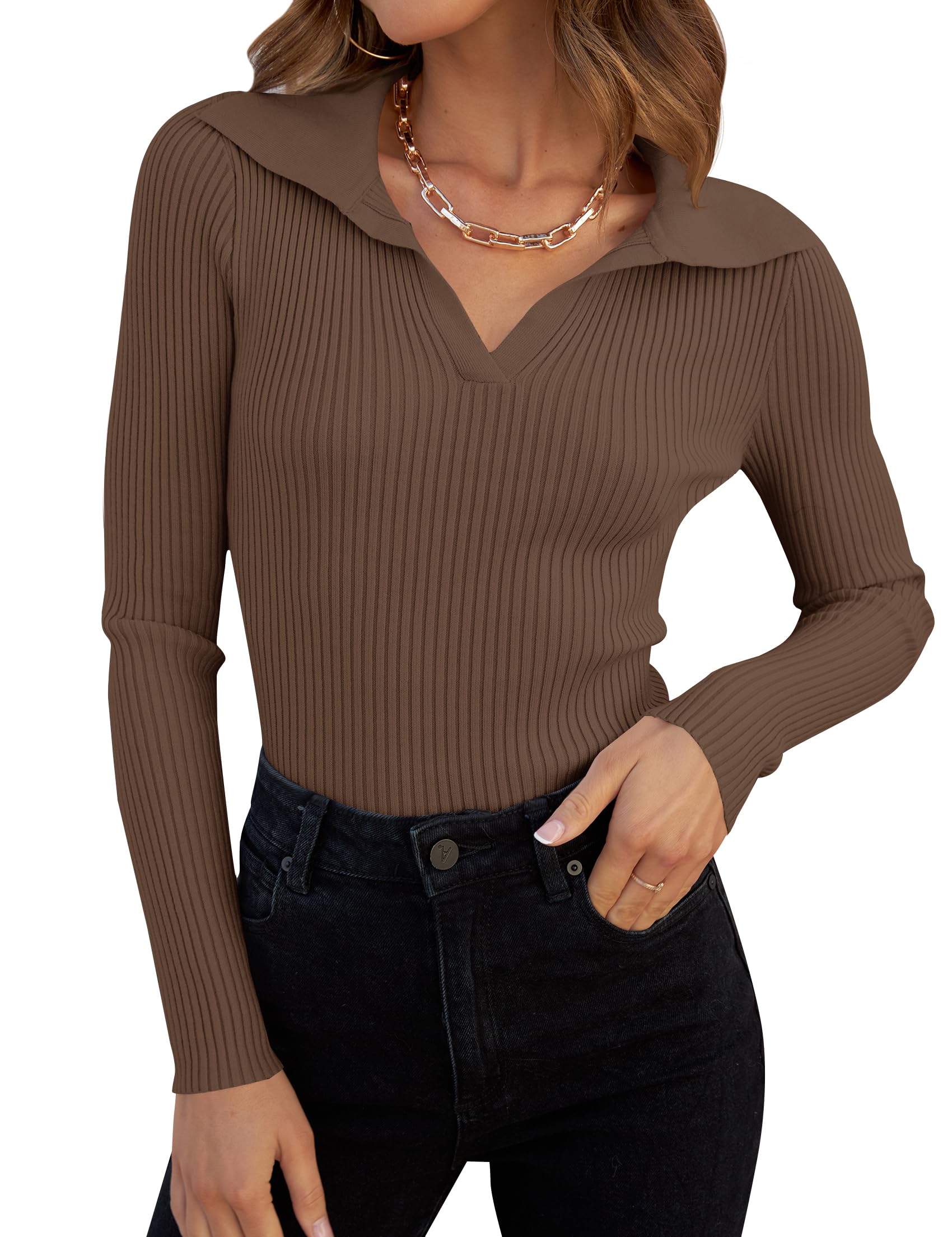 ZESICA Sweaters for Women Spring Long Sleeve V Neck Ribbed Knit Pullover Tops Casual Slim Fit Basic Tee Shirts,Mocha,Small