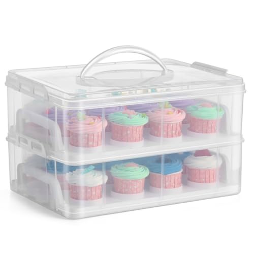 Flexzion Cupcake Carrier, Cupcake Holder for 24 Cupcakes, Portable and Reusable Rectangular Cake Carrier with Lid and Handle, 2 Tier Stackable Layer Insert (Clear)