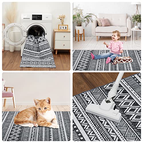 RUGSREAL Boho Area Rug 5' x 7' Machine Washable Modern Diamond Carpet Rug Distressed Bohemian Foldable Accent Rug Coffee Table Rug Farmhouse Dining Table Rug Office Bedroom Decor, Black
