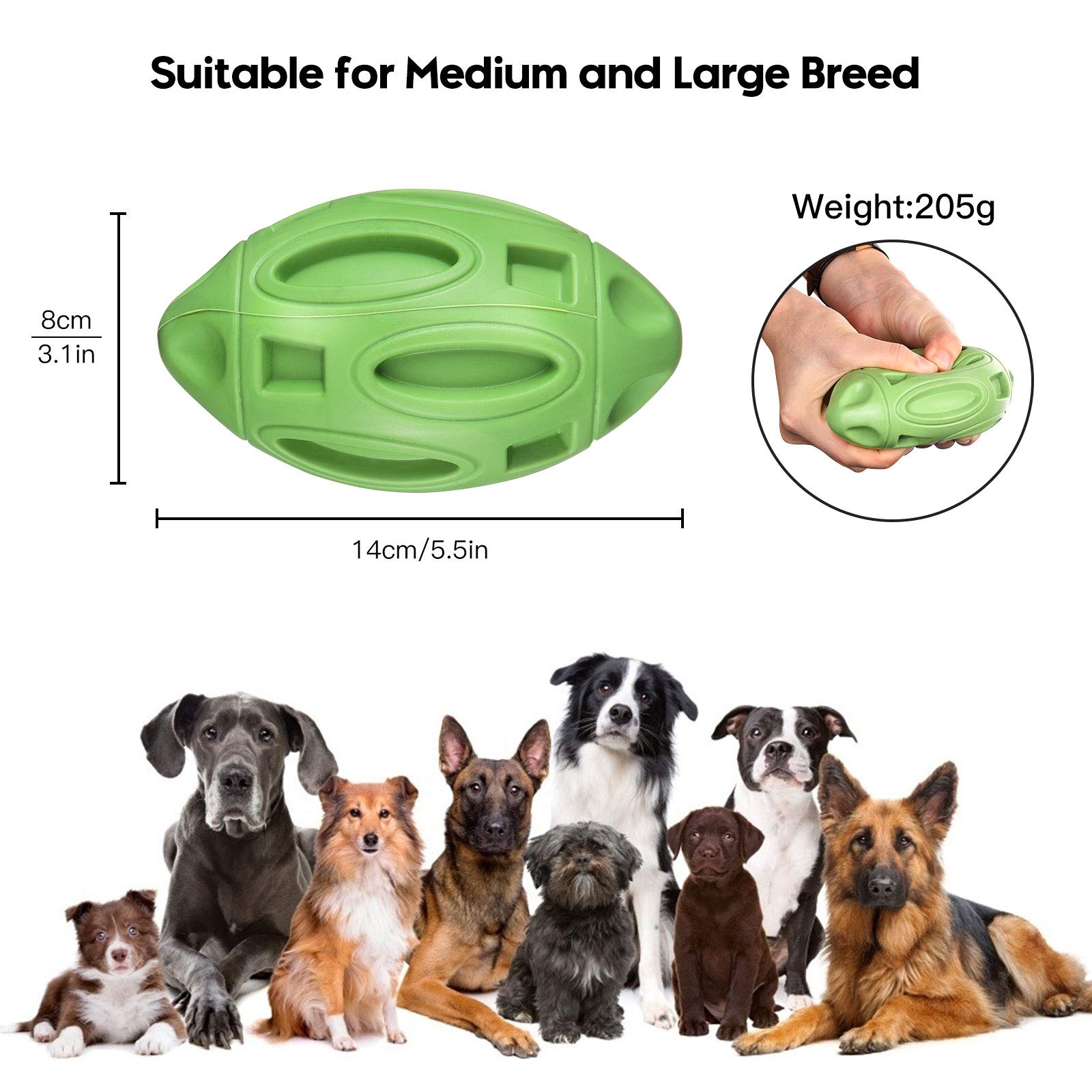 ZHAN Multifunctional Durable Natural Rubber Dog Training Ball Toy Squeaky Chew Interactive Teeth Cleaning Rugby Toy Pet Exercise Game Ball for Medium and Large Dogs (Green)