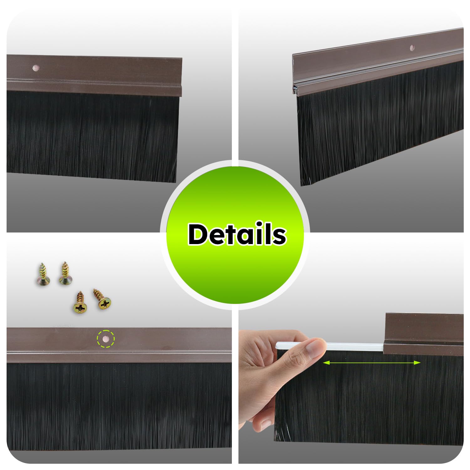 Qimoo 2 Pack Door Bottom Sweep, h-Shape Aluminum Alloy Holder Door Sweep for Bottom of Door with 1.6" Brwon Nylon Brush, 39.37"x2.48"(1000mmx63mm)