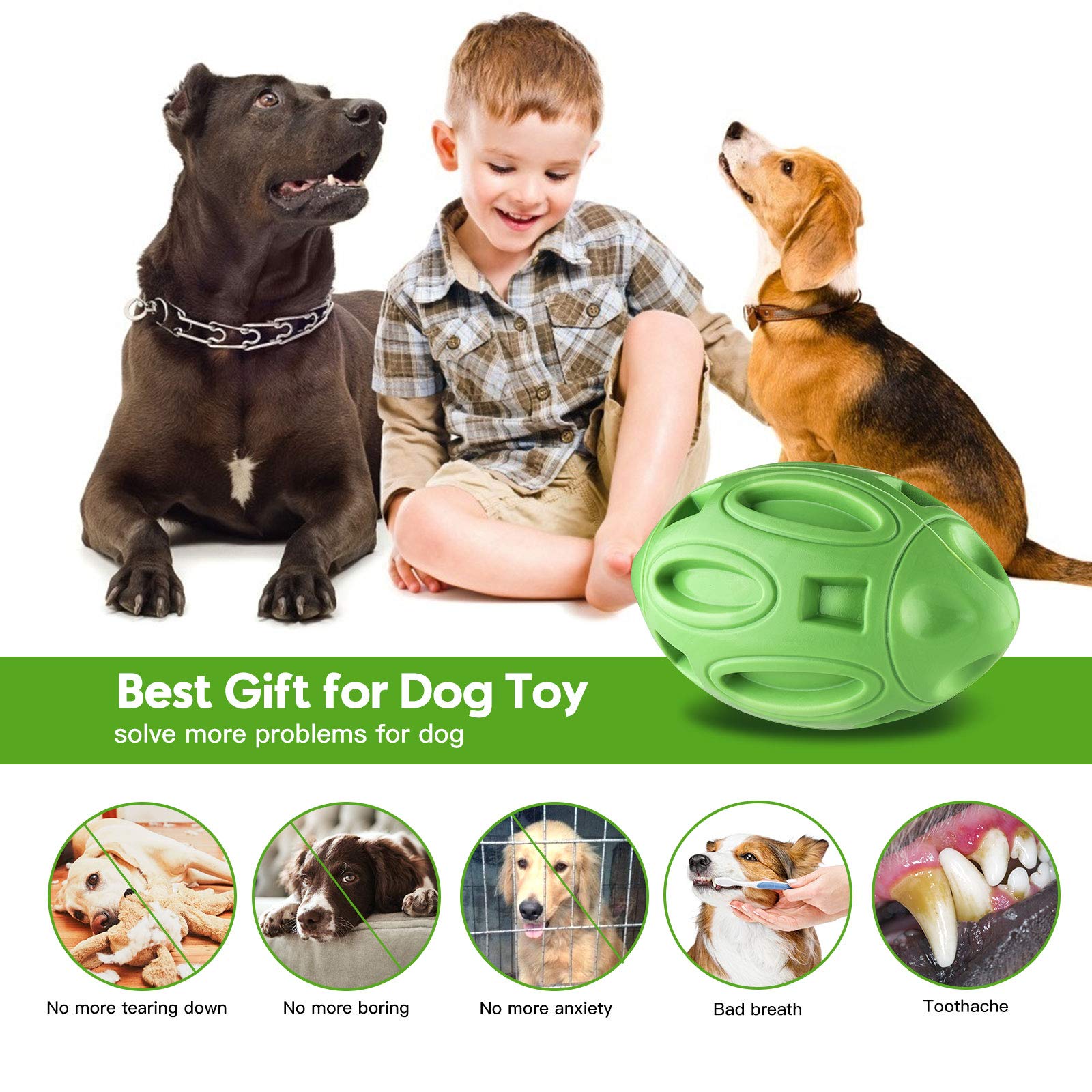 ZHAN Multifunctional Durable Natural Rubber Dog Training Ball Toy Squeaky Chew Interactive Teeth Cleaning Rugby Toy Pet Exercise Game Ball for Medium and Large Dogs (Green)
