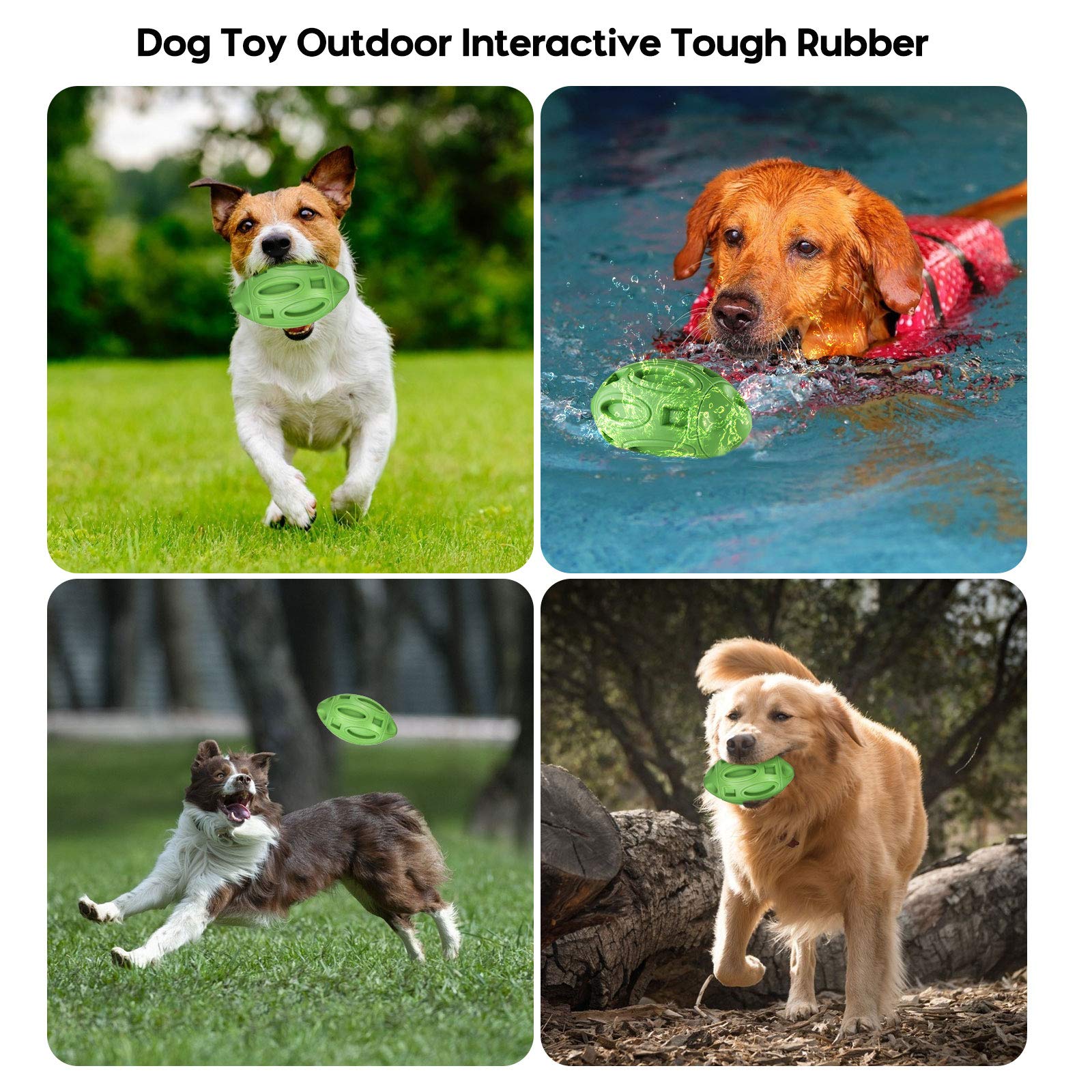 ZHAN Multifunctional Durable Natural Rubber Dog Training Ball Toy Squeaky Chew Interactive Teeth Cleaning Rugby Toy Pet Exercise Game Ball for Medium and Large Dogs (Green)