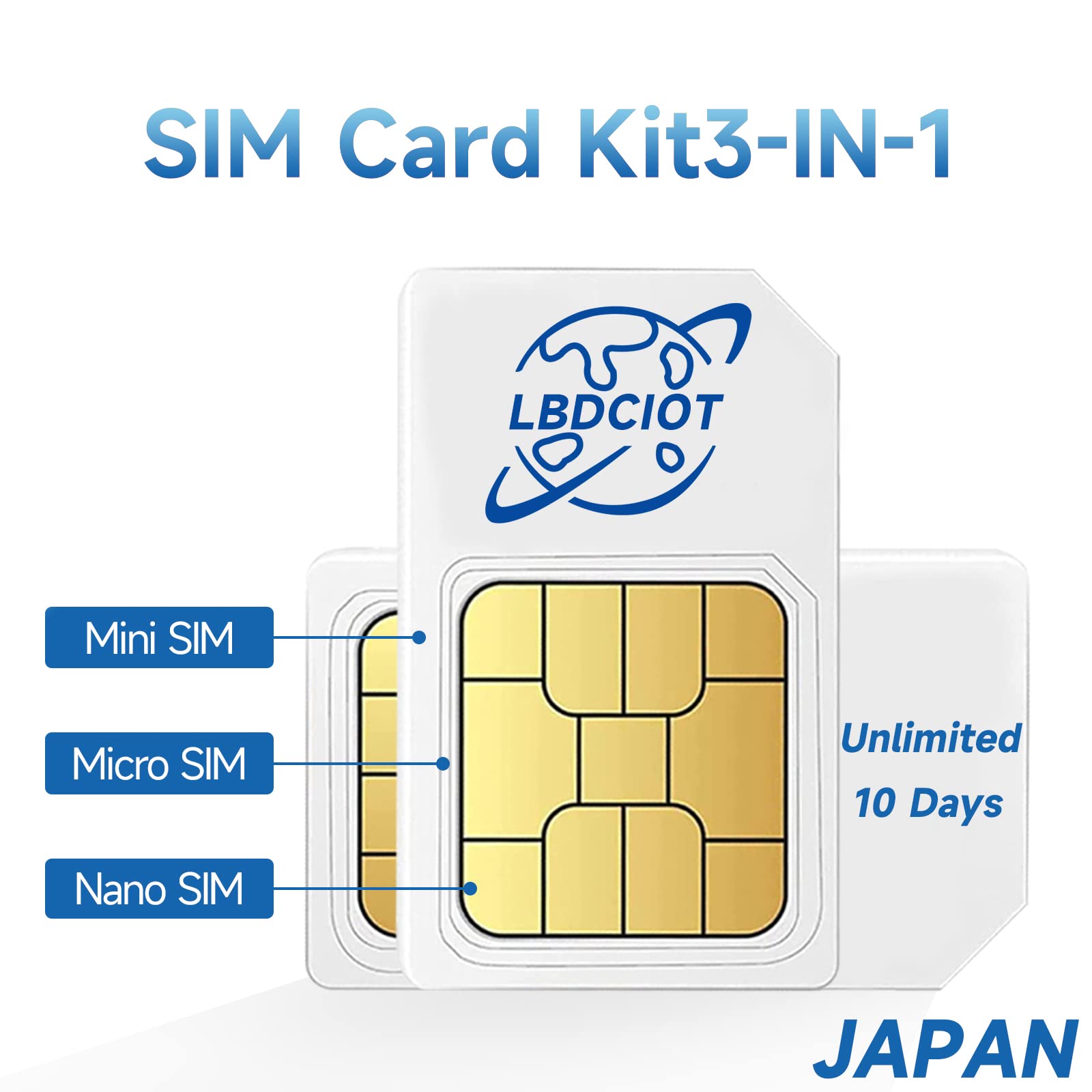 LBDCIOT Japan 10 Days Unlimited Data SIM Card, Japan Travel SIM Card. 3 in 1 prepaid SIM Card. International SIM Card for Business Travel. 4G high-Speed Operational Network with Unlimited Speed