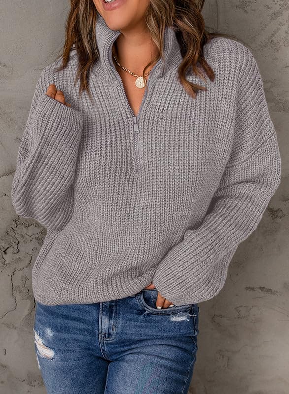 EVALESS Sweaters for Women Cable Knit Long Sleeve Tops Quarter Zip Pullover Sweater for Women Dressy Casual Fall Outfits Trendy 2024 Winter Work Clothes Sexy V Neck Oversized Gray Sweater,Small