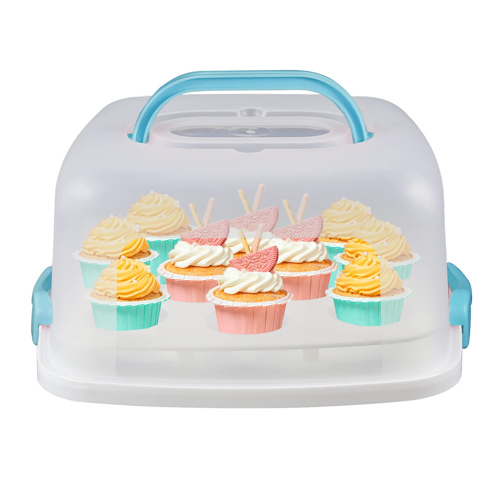DIIRPPR 2 in1 Square Cupcake Carrier and Cake Keeper with Lid, Christmas Party Container with Cupcake Carrier Holder Trays Holds Up to 12 Cupcakes or 1 10" Cake, Dishwasher Safe (Blue)