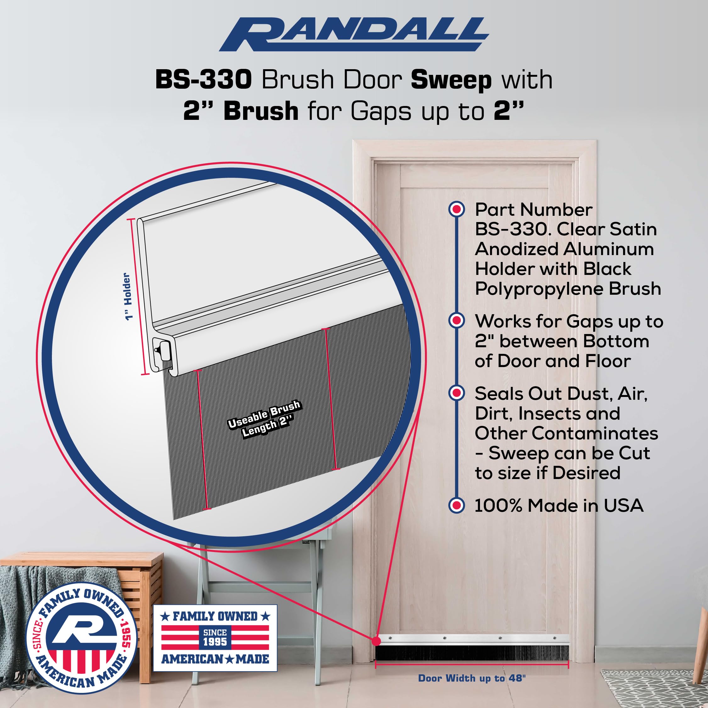 Randall Manufacturing Co., Inc | Door Sweeps – Aluminum & Brush | Brush Sweeps for Gaps Up to 2” | Clear Satin Anodized Trim with Black Brush | 4 Feet | Fill Gaps & Keep Unwanted Debris Out