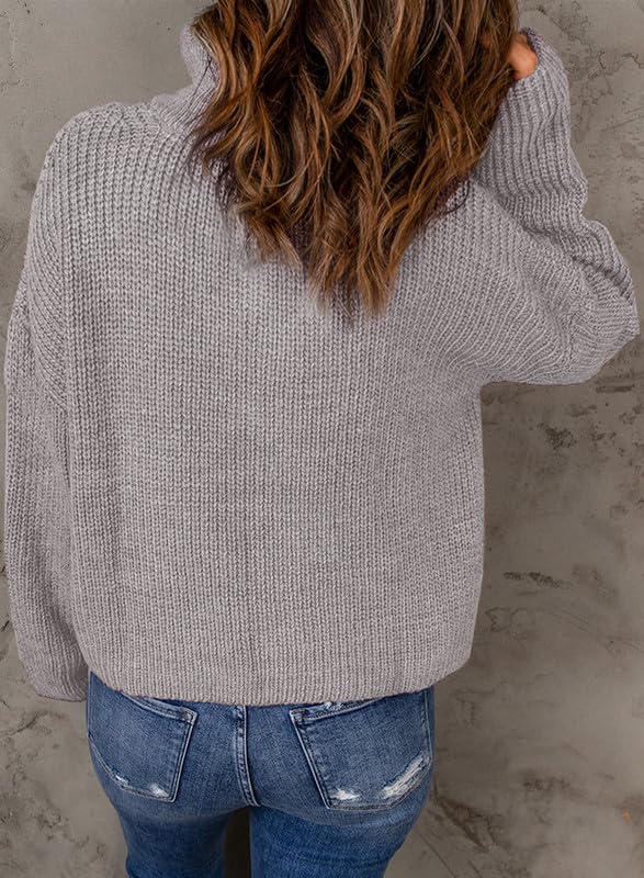 EVALESS Sweaters for Women Cable Knit Long Sleeve Tops Quarter Zip Pullover Sweater for Women Dressy Casual Fall Outfits Trendy 2024 Winter Work Clothes Sexy V Neck Oversized Gray Sweater,Small