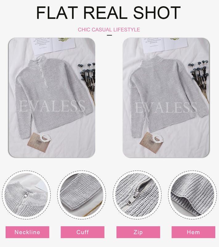 EVALESS Sweaters for Women Cable Knit Long Sleeve Tops Quarter Zip Pullover Sweater for Women Dressy Casual Fall Outfits Trendy 2024 Winter Work Clothes Sexy V Neck Oversized Gray Sweater,Small