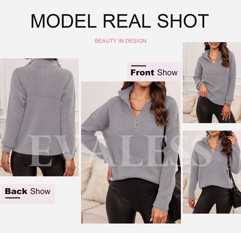 EVALESS Sweaters for Women Cable Knit Long Sleeve Tops Quarter Zip Pullover Sweater for Women Dressy Casual Fall Outfits Trendy 2024 Winter Work Clothes Sexy V Neck Oversized Gray Sweater,Small