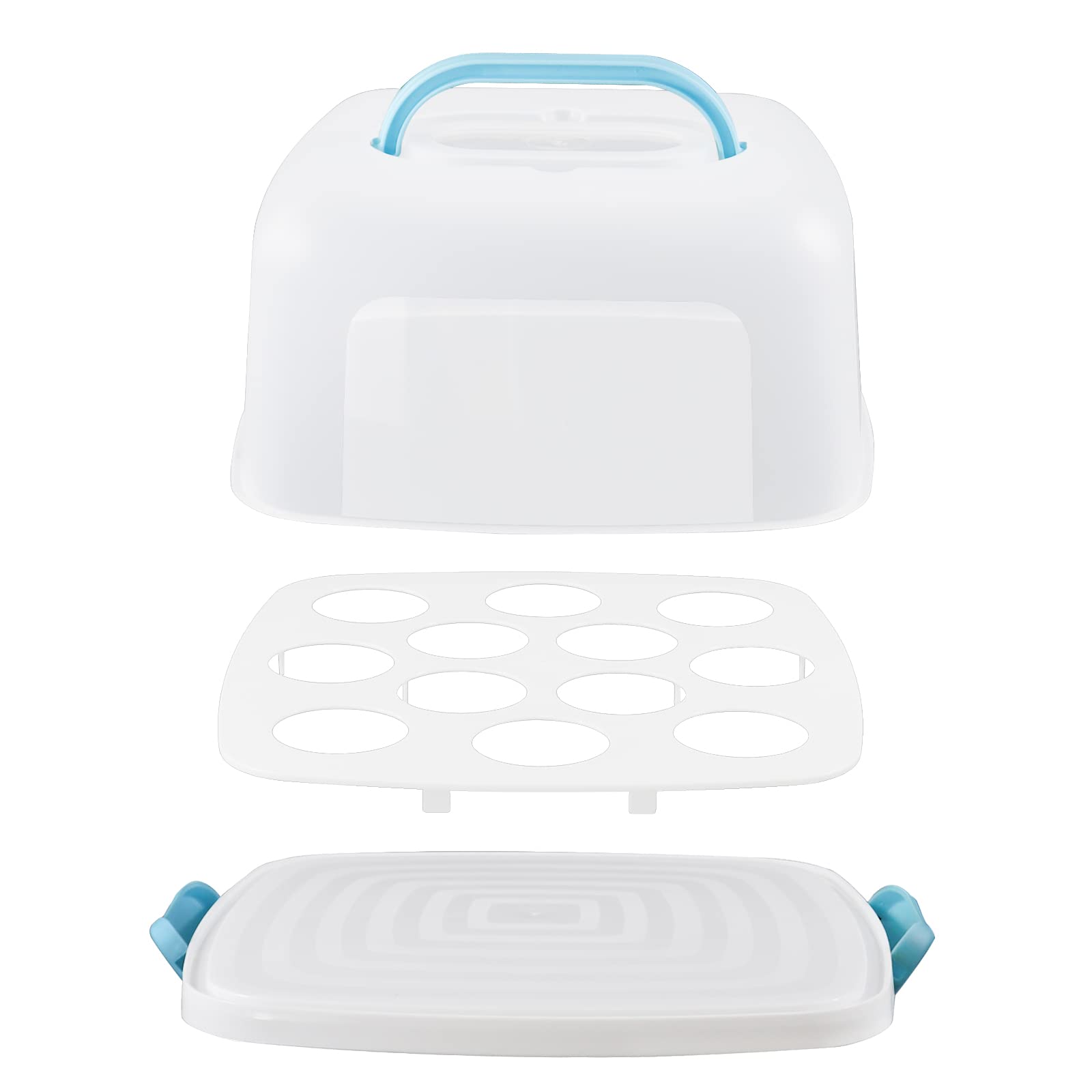 DIIRPPR 2 in1 Square Cupcake Carrier and Cake Keeper with Lid, Christmas Party Container with Cupcake Carrier Holder Trays Holds Up to 12 Cupcakes or 1 10" Cake, Dishwasher Safe (Blue)
