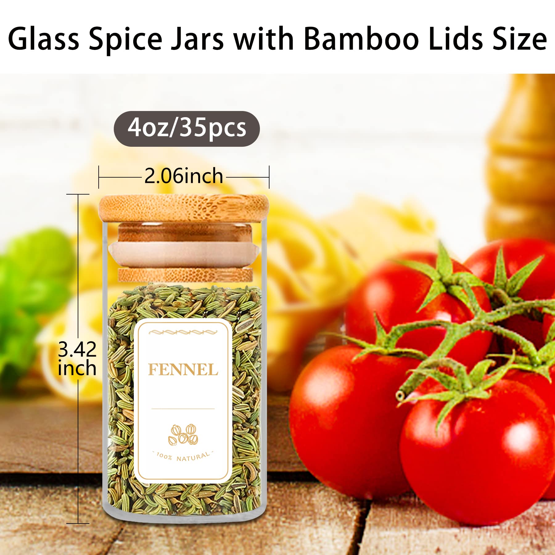 BGraceyy Spice Jars with Labels, 35 Pcs 4 oz Glass Spice Jars with Bamboo Lids, Minimalist Stackable Airtight Spice Containers with 426 labels for Home Kitchen, Pantry, Spice Cabinet, Drawer, Rack