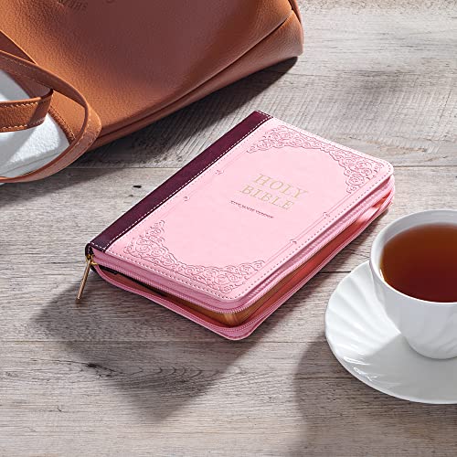 KJV Holy Bible, Compact Faux Leather Red Letter Edition - Ribbon Marker, King James Version, Pink/Burgundy, Zipper Closure (KJV Compact Editions)