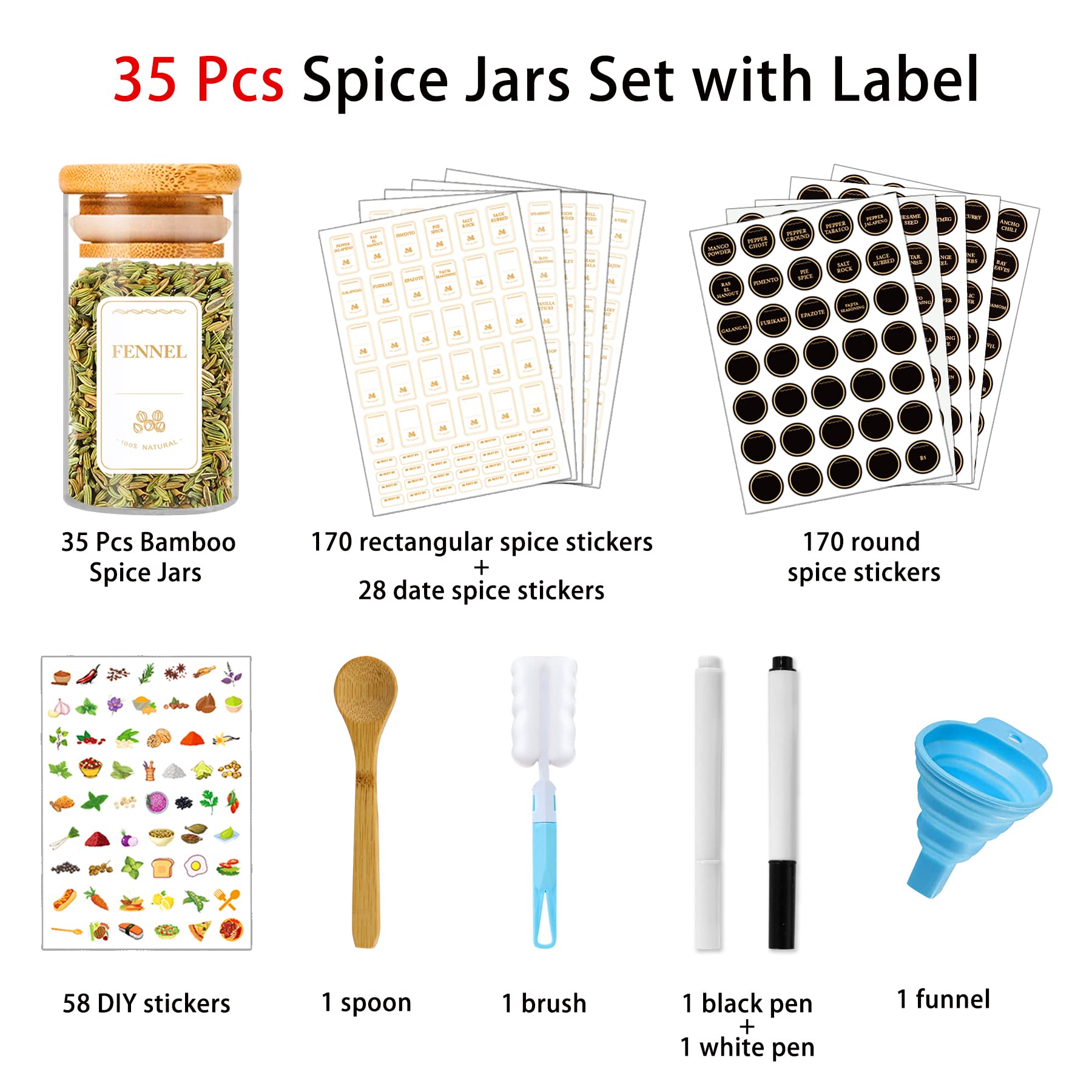 BGraceyy Spice Jars with Labels, 35 Pcs 4 oz Glass Spice Jars with Bamboo Lids, Minimalist Stackable Airtight Spice Containers with 426 labels for Home Kitchen, Pantry, Spice Cabinet, Drawer, Rack