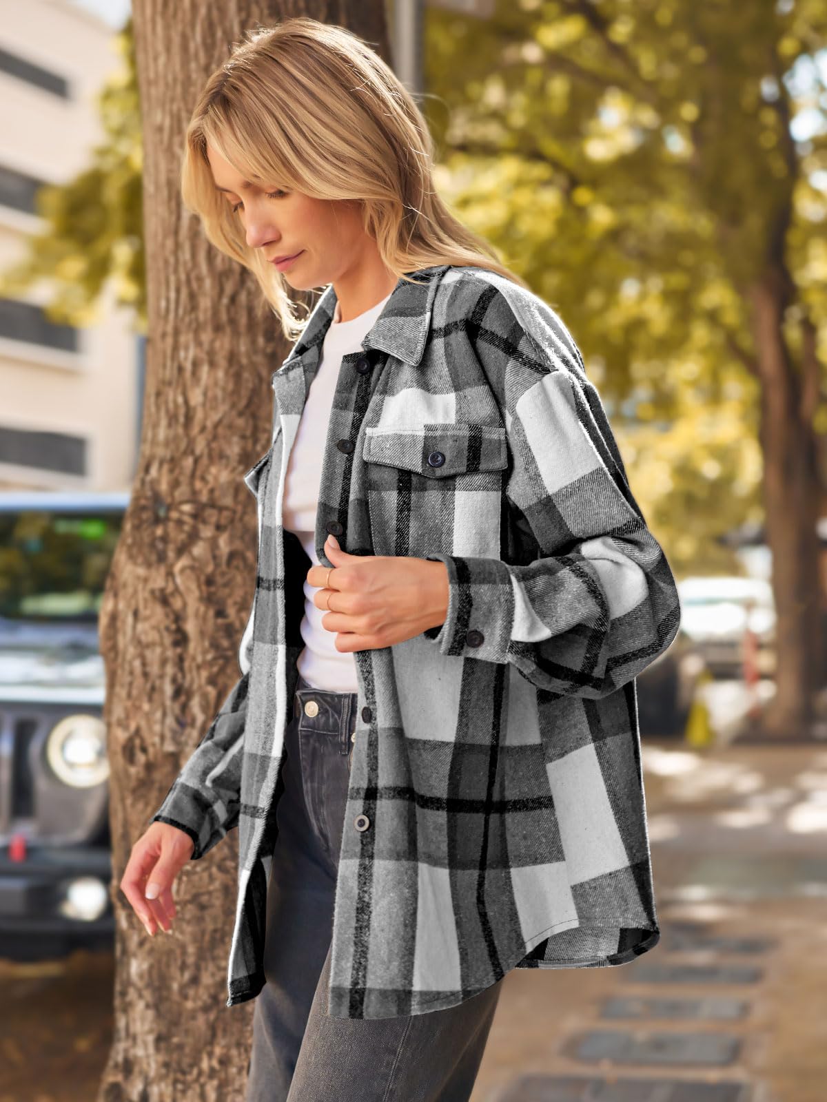 AUTOMET Womens Fall Outfits Fashion Clothes Shackets Flannel Plaid Button Down Long Sleeve Shirts Jackets Grey M