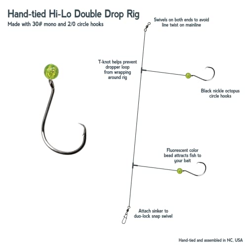 3 Pack '2/0' Bead Rig Surf Fishing Hi-Lo Double Drop Hand-Tied 30LB Mono (Glitter Lime)