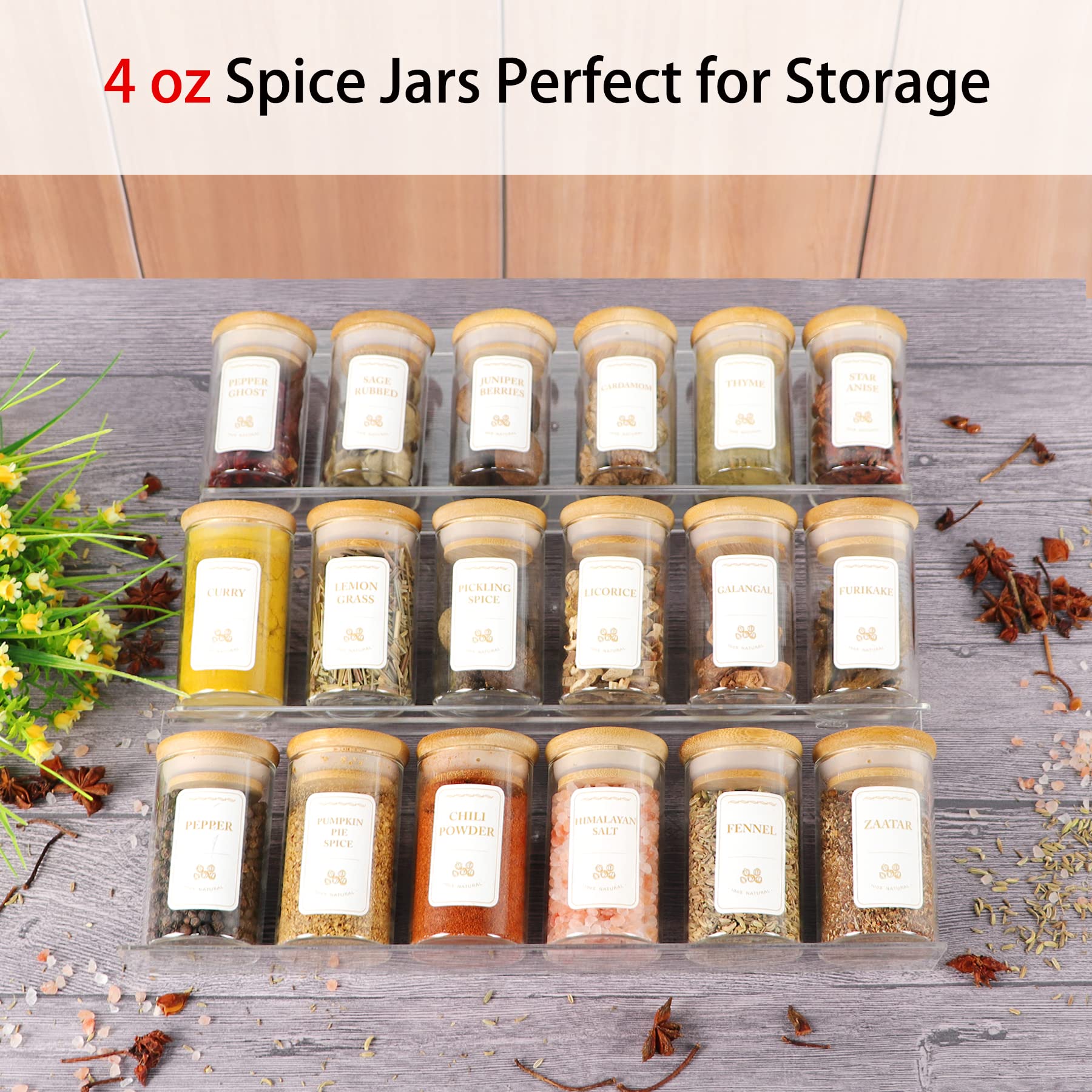 BGraceyy Spice Jars with Labels, 35 Pcs 4 oz Glass Spice Jars with Bamboo Lids, Minimalist Stackable Airtight Spice Containers with 426 labels for Home Kitchen, Pantry, Spice Cabinet, Drawer, Rack
