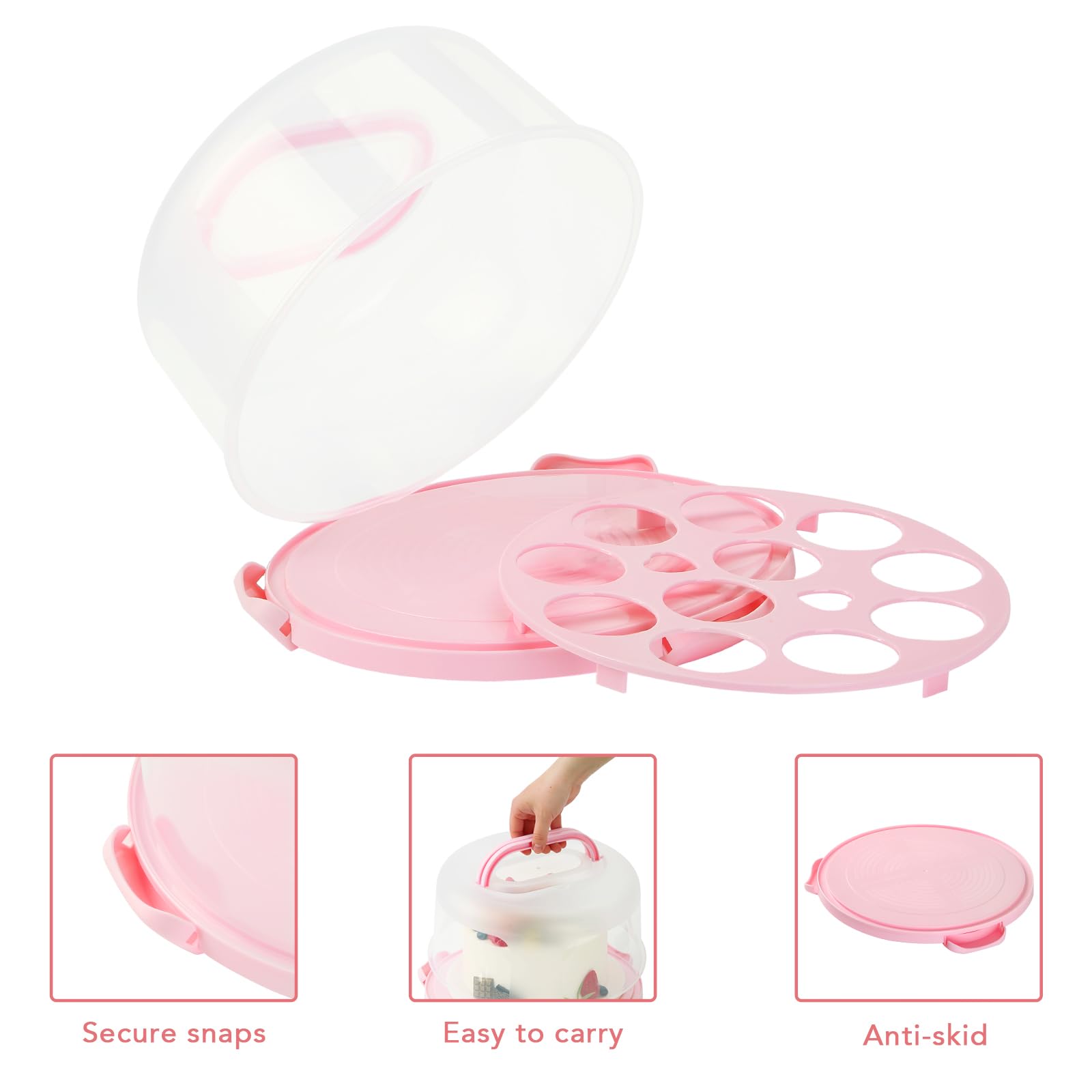 DZ CLAN Cake Carrier, Carrier Cupcake Holder with Cake Turntable, Cake Carrier with Lid and Handle(Pink)