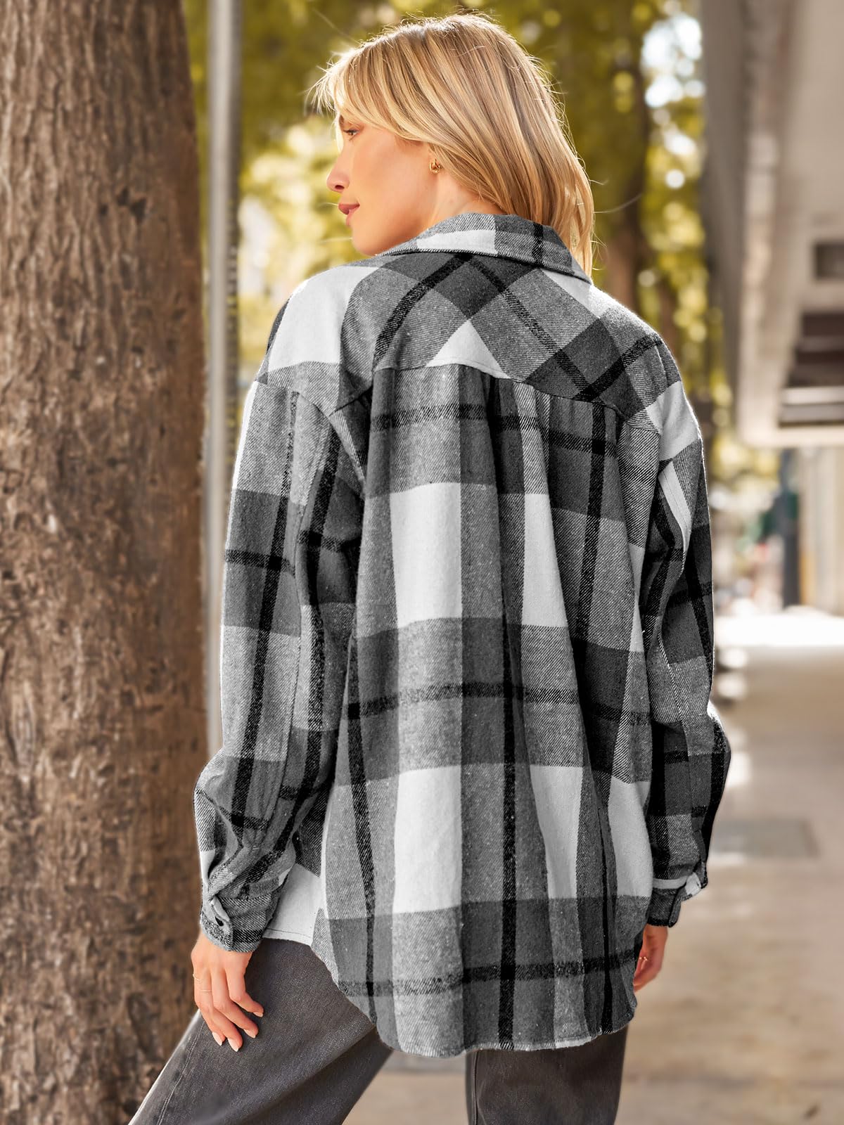 AUTOMET Womens Fall Outfits Fashion Clothes Shackets Flannel Plaid Button Down Long Sleeve Shirts Jackets Grey M