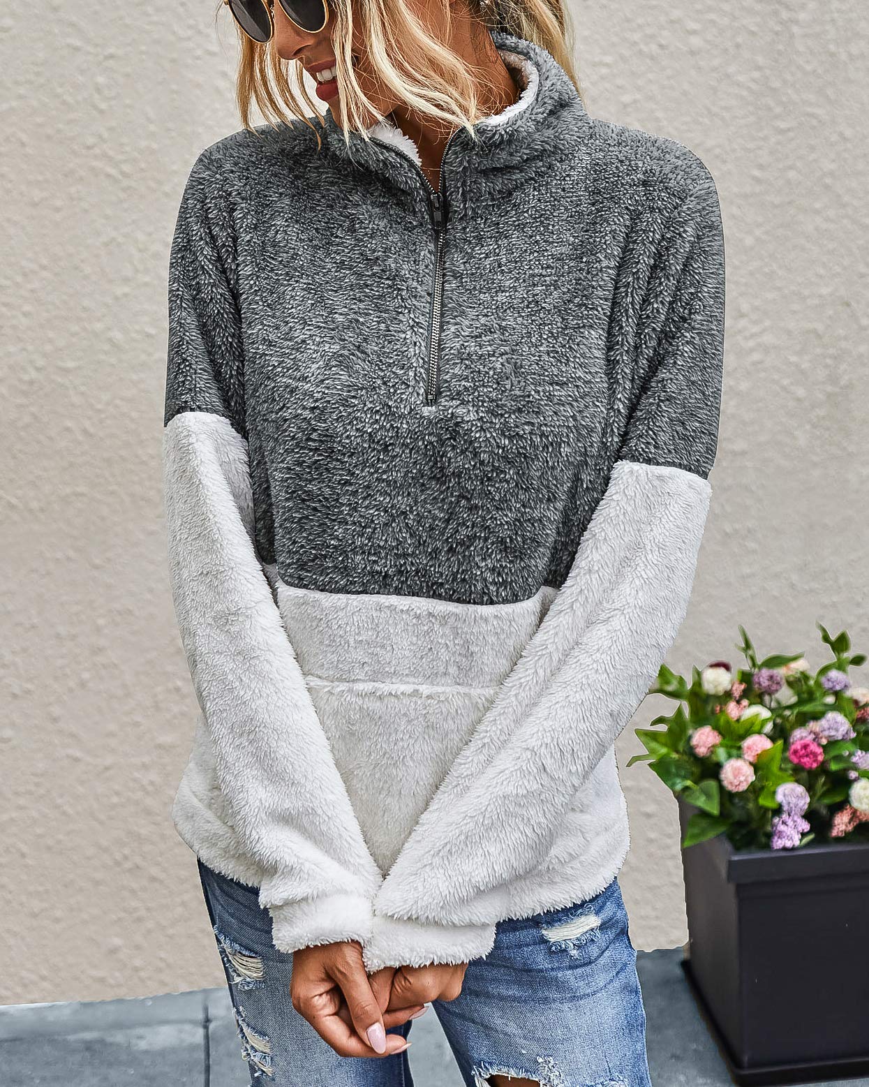 BTFBM Women Sherpa Pullover Quarter Zip Long Sleeve Fluffy Soft Fleece Jackets Sweaters Sweatshirts Hoodies Outwear Coat (Grey, Medium)